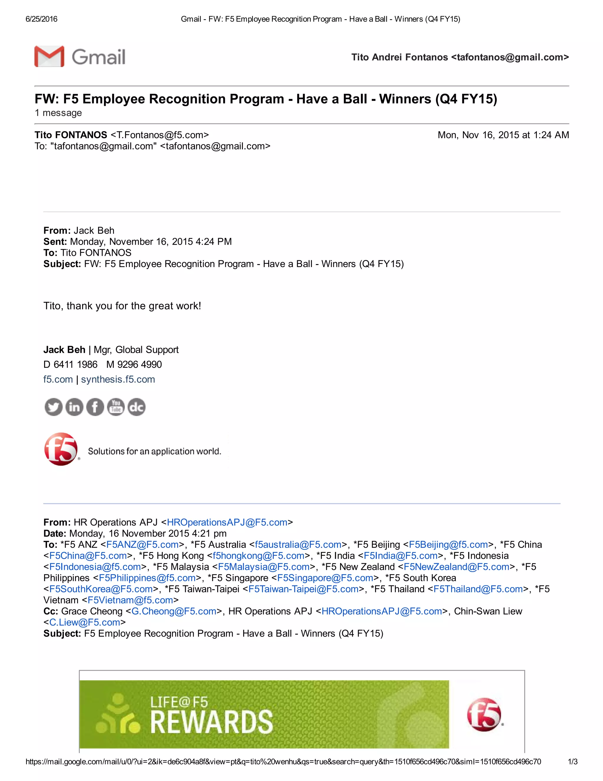 F5 Employee Recognition Program - Have a Ball - Winners (Q4 FY15)_ | PDF