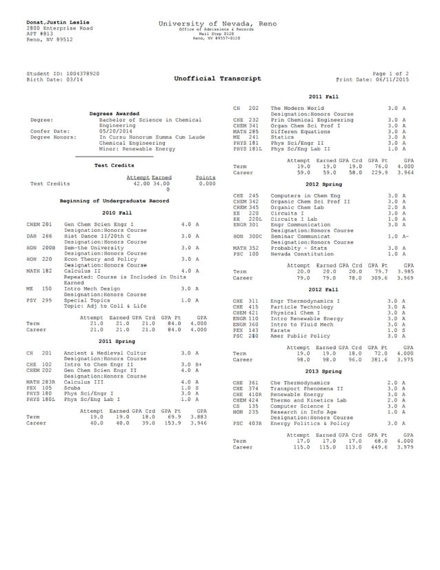 Justin Donat Undergraduate Transcripts | PDF | Undergraduate Education | College Education