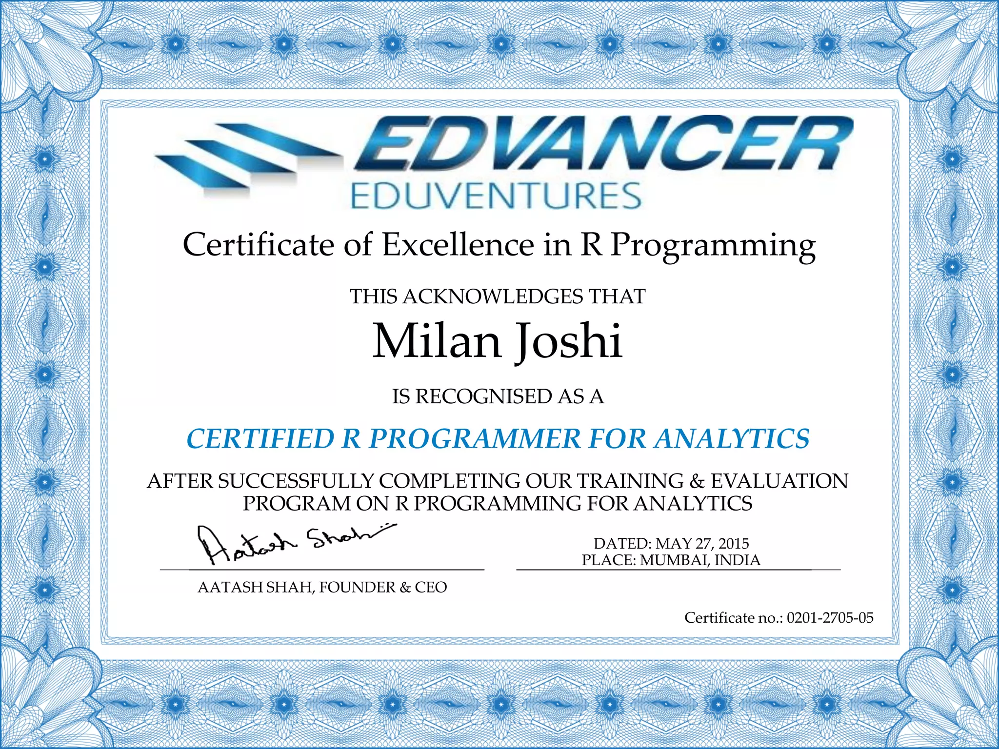 Milan Joshi _Edvancer_R Programer | PDF