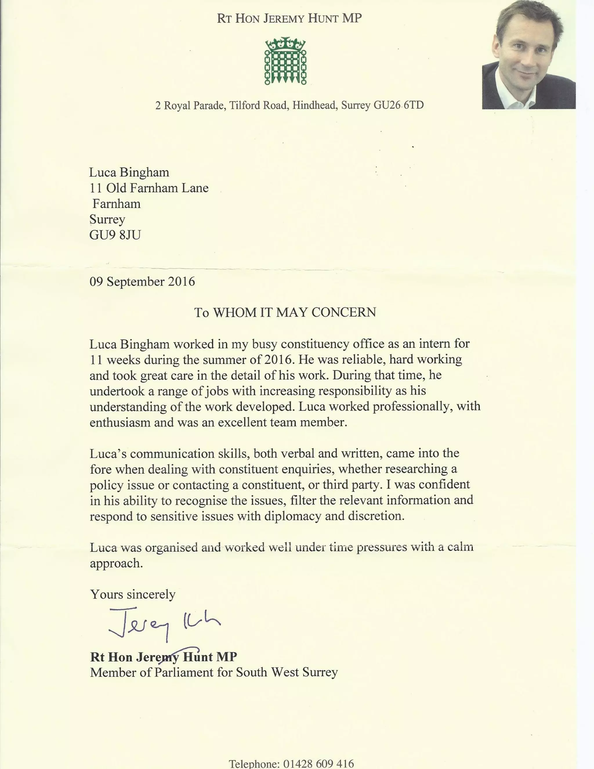 Rt Hon Jeremey Hunt MP - Letter of Reference | PDF