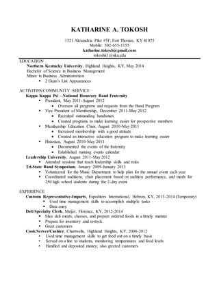 Katharine Tokosh Resume | PDF
