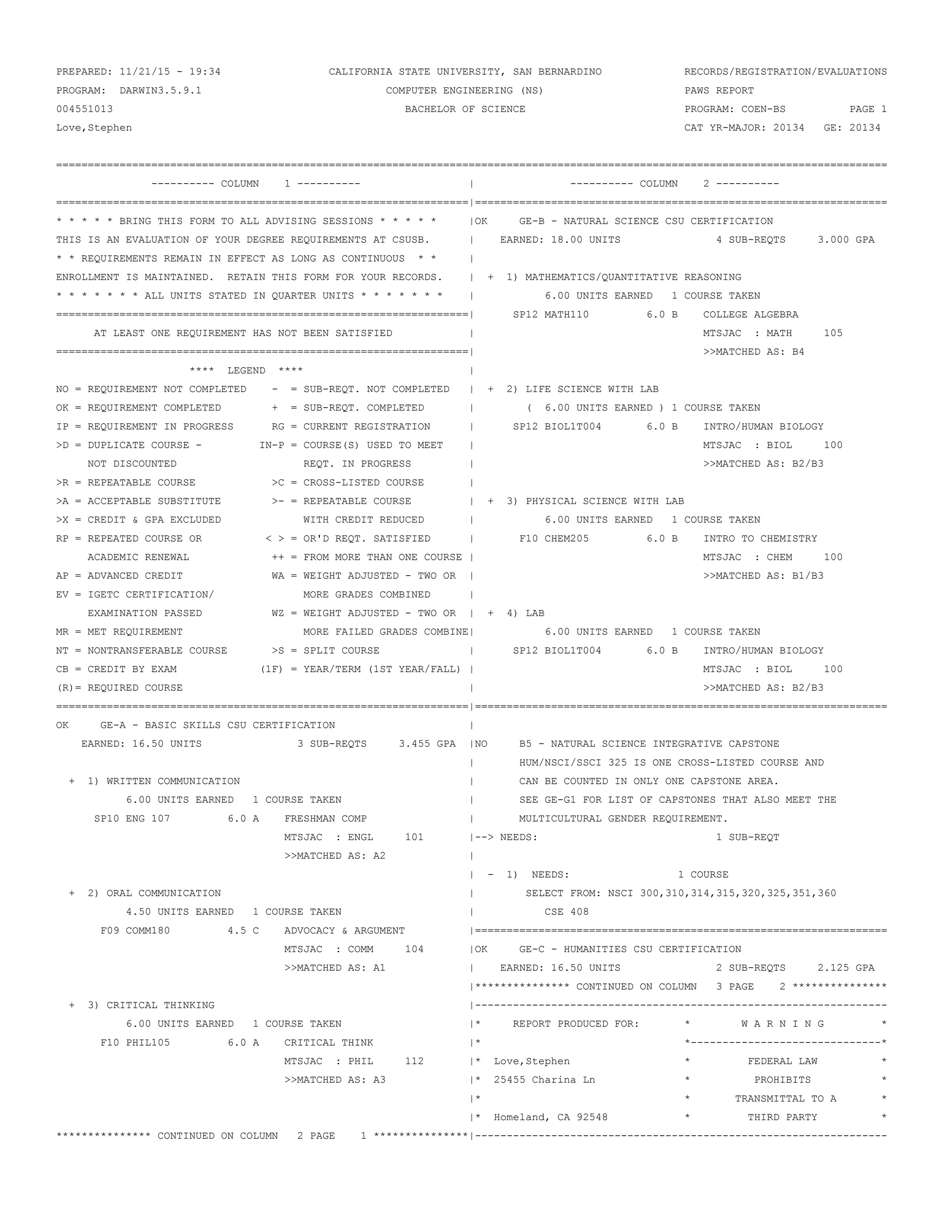 CSUSB Unofficial Transcript Noveber 21, 2015 | PDF
