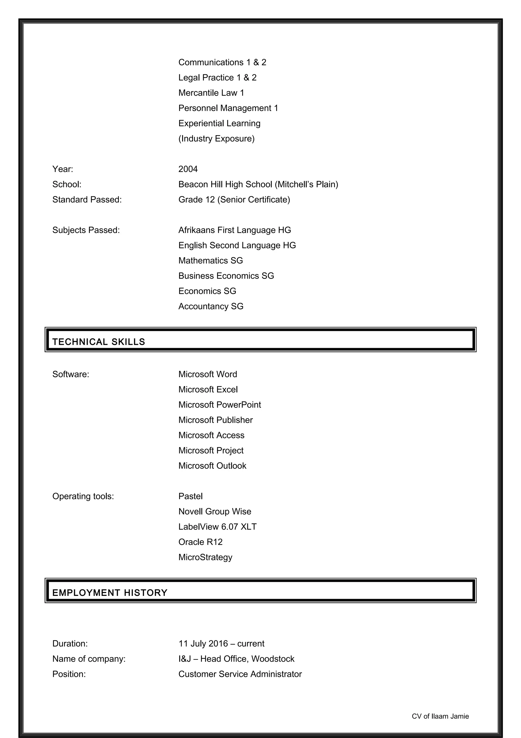 Ilaam Jamie - 2016 CV | DOC