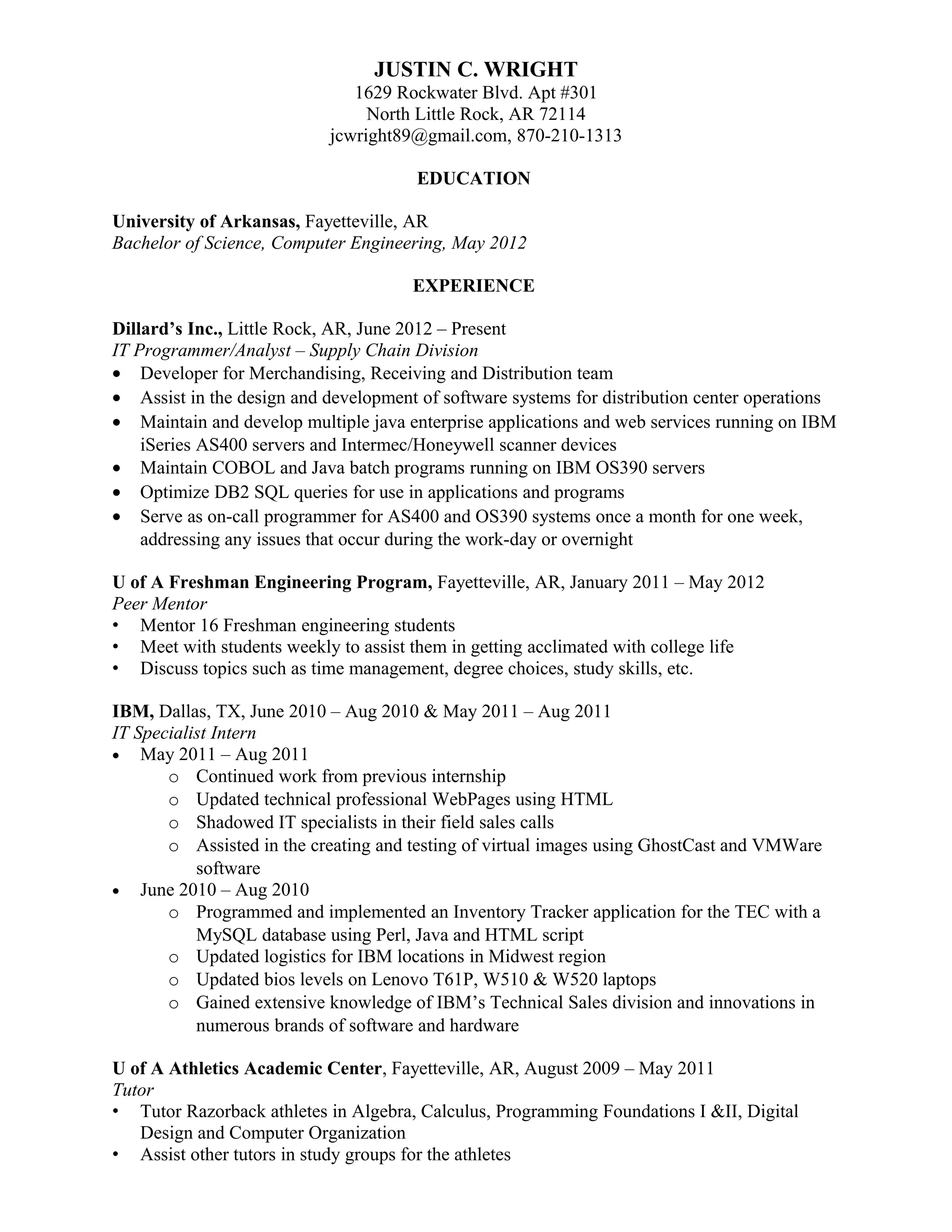 Justin Wright Resume | DOC | Programming Languages | Computing