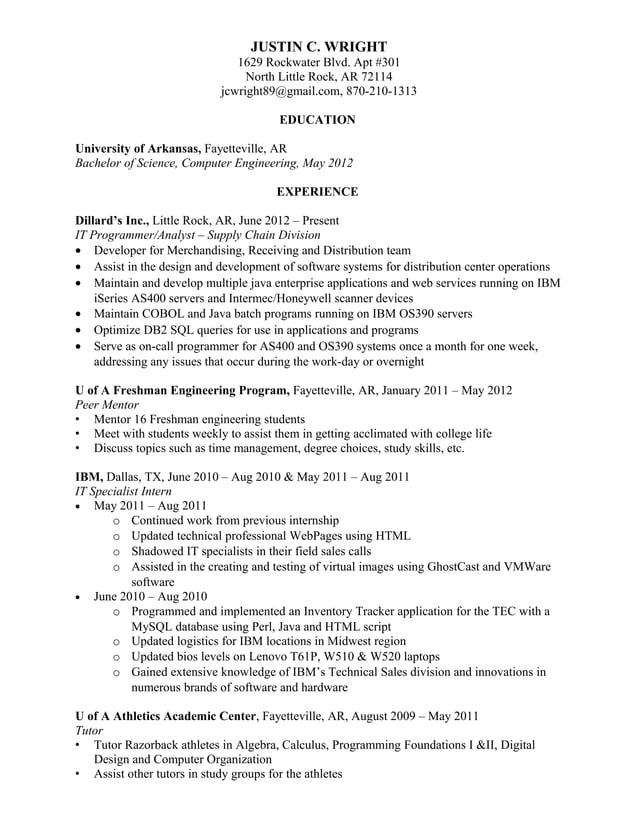 Justin Wright Resume | DOC | Programming Languages | Computing