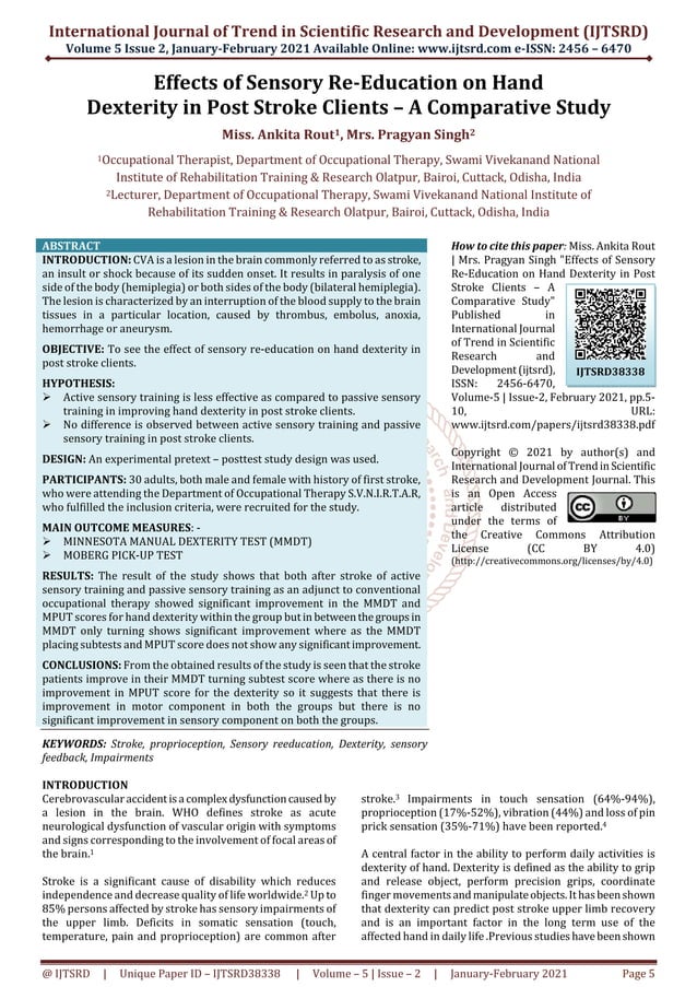 Effects of Sensory Re Education on Hand Dexterity in Post Stroke ...