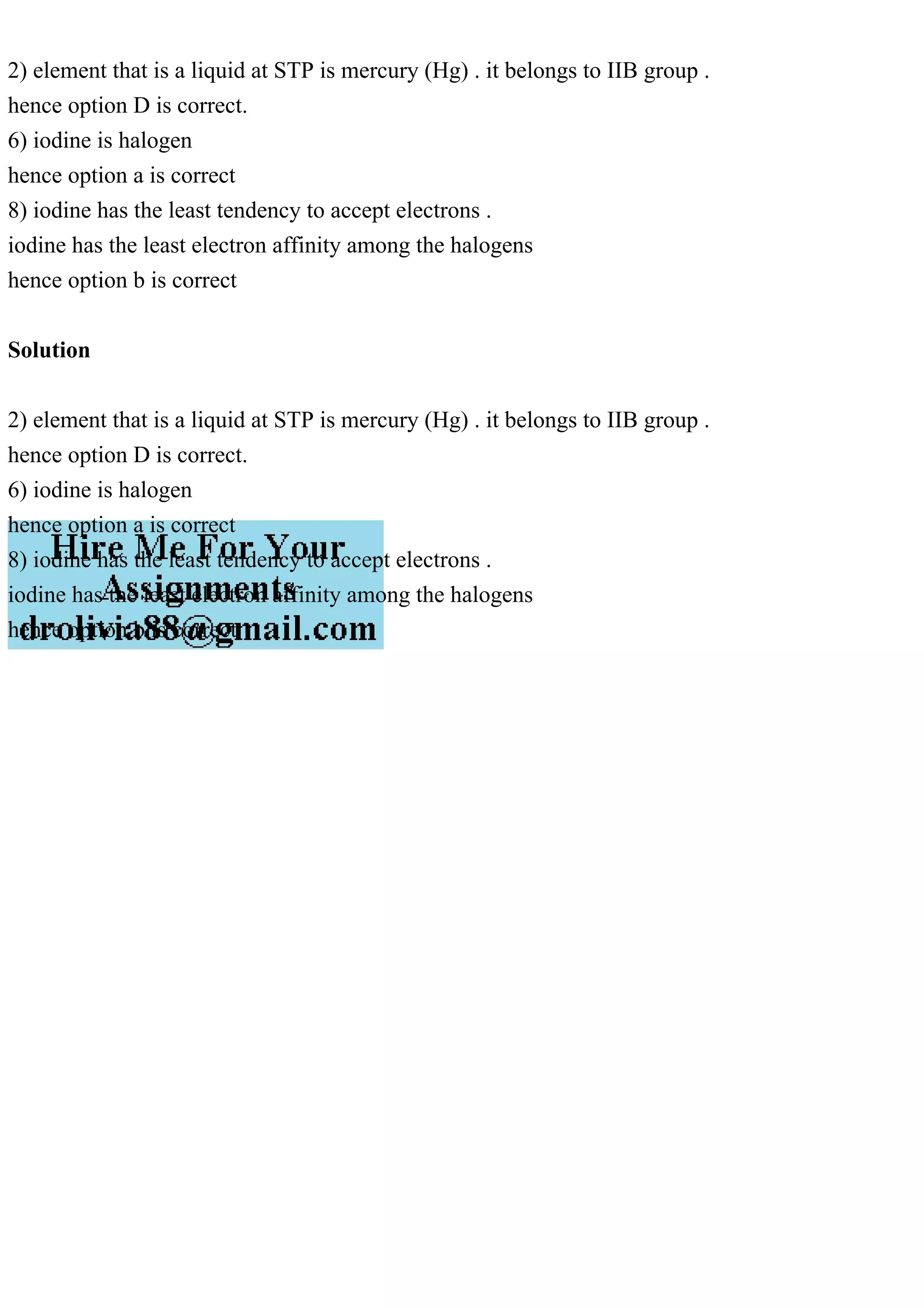 2) element that is a liquid at STP is mercury (Hg) . it belongs to I.pdf