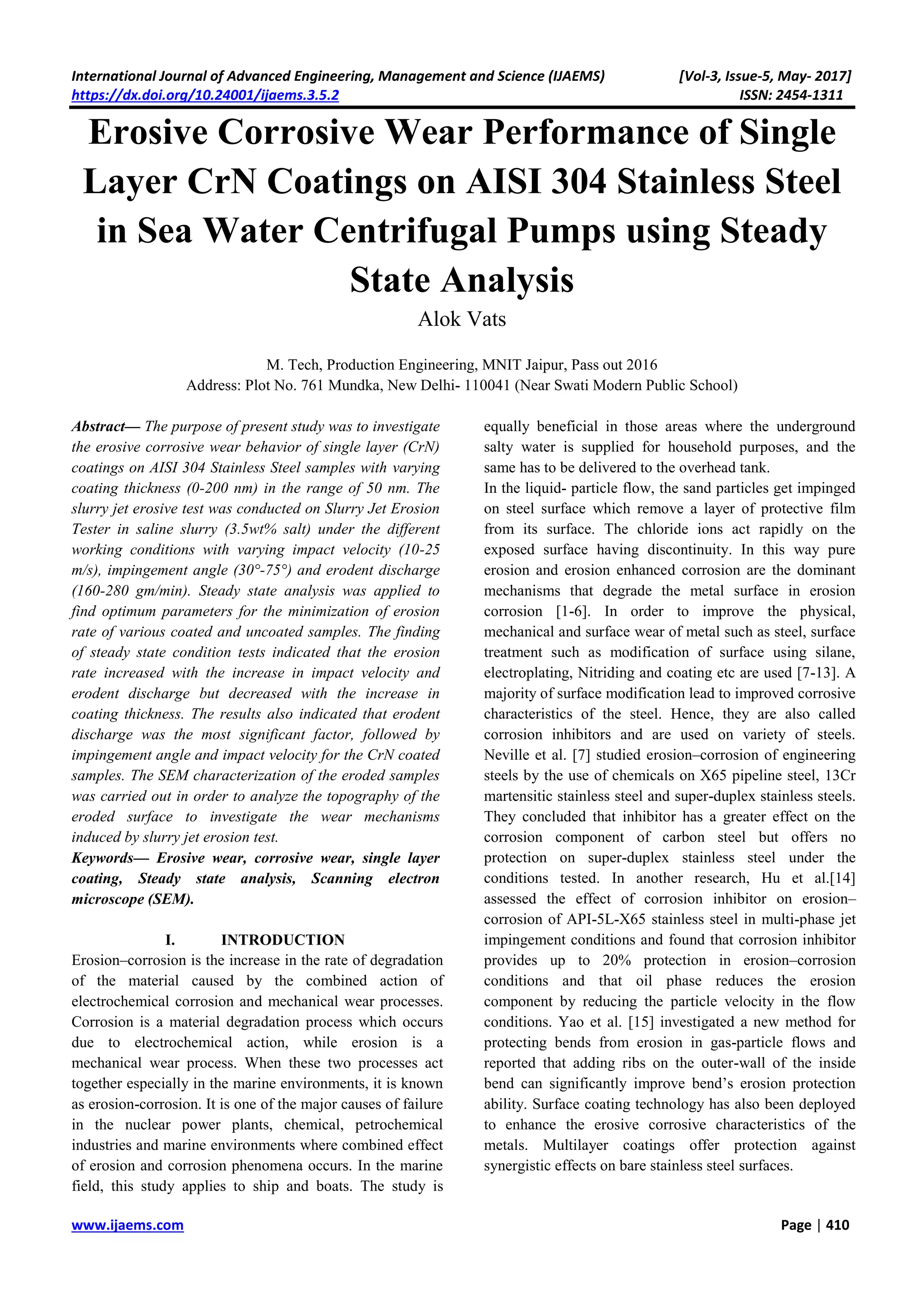 Erosive Corrosive Wear Performance of Single Layer CrN Coatings on AISI ...