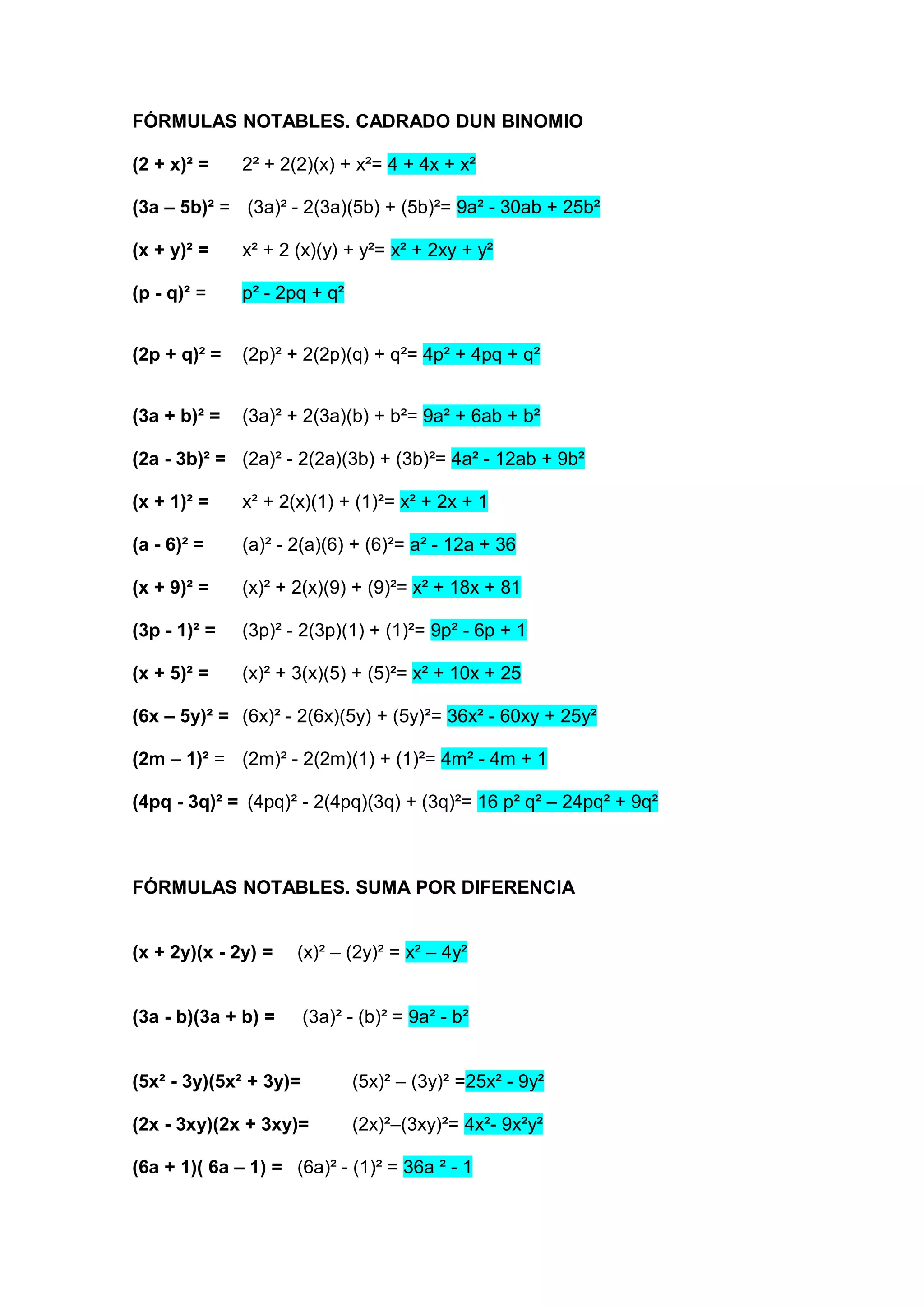 resoltos formulas notables e factorización polinomios | DOC | Science