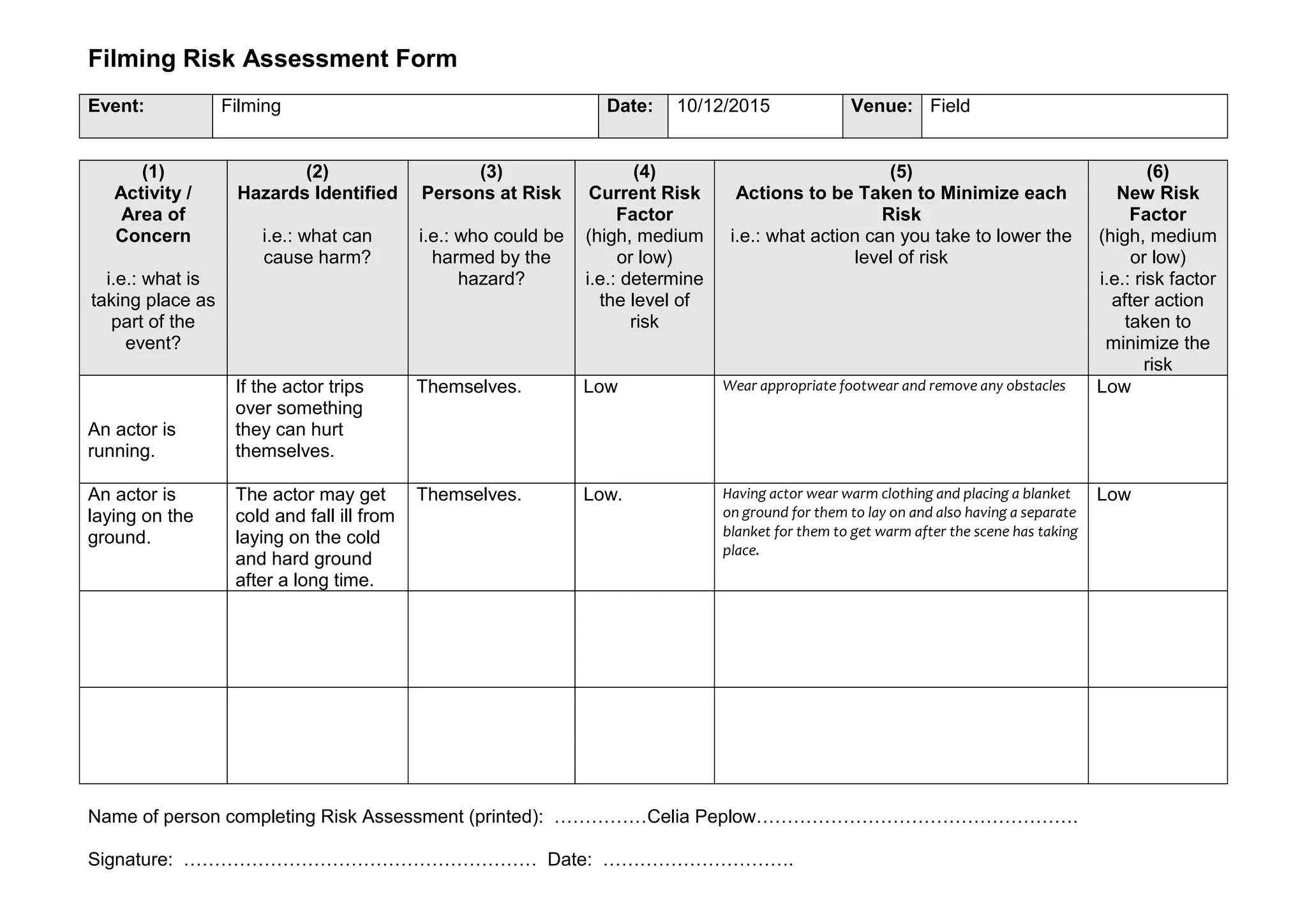 Filming Risk Assessment Form | PDF | First Aid | Injuries