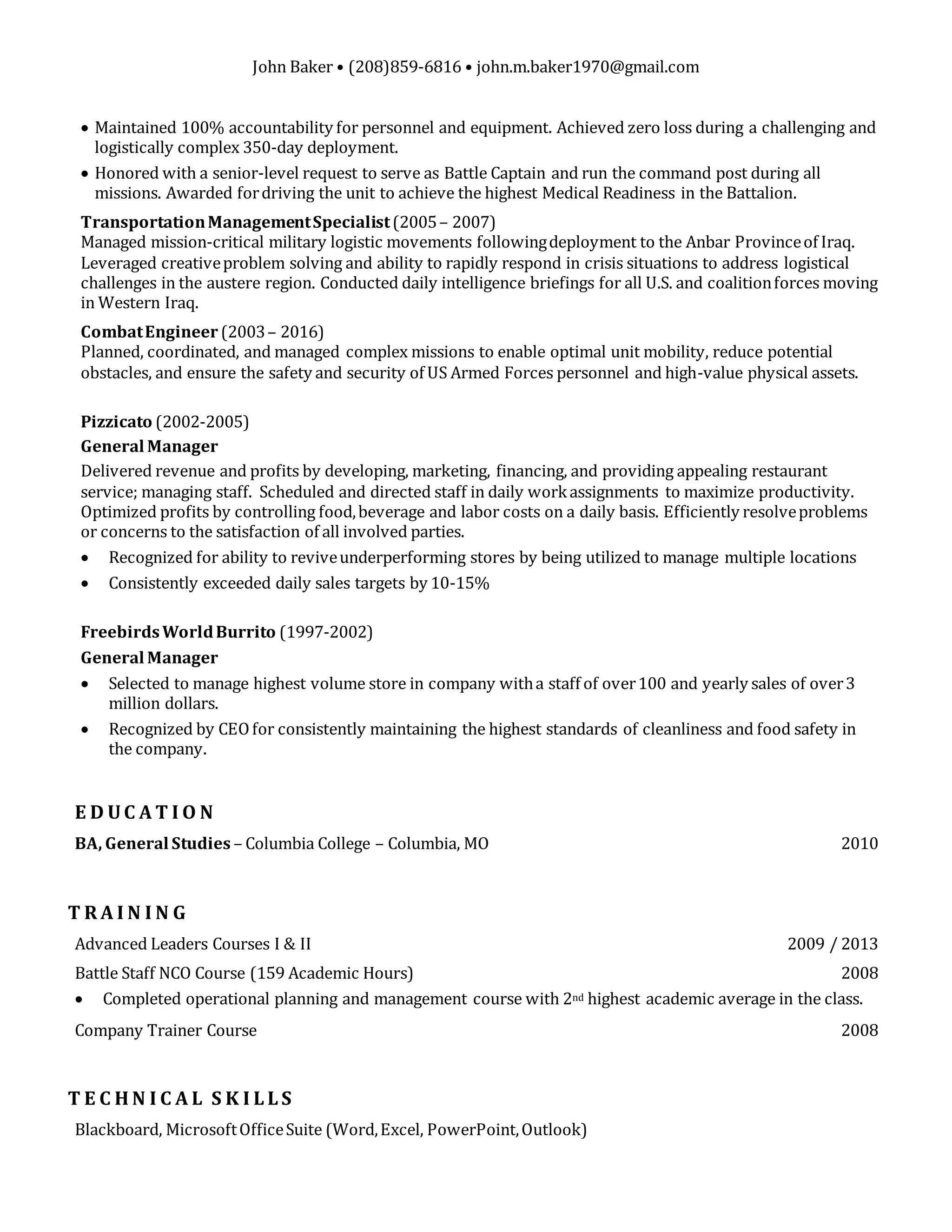 Resume - Baker, John (updated) | DOCX