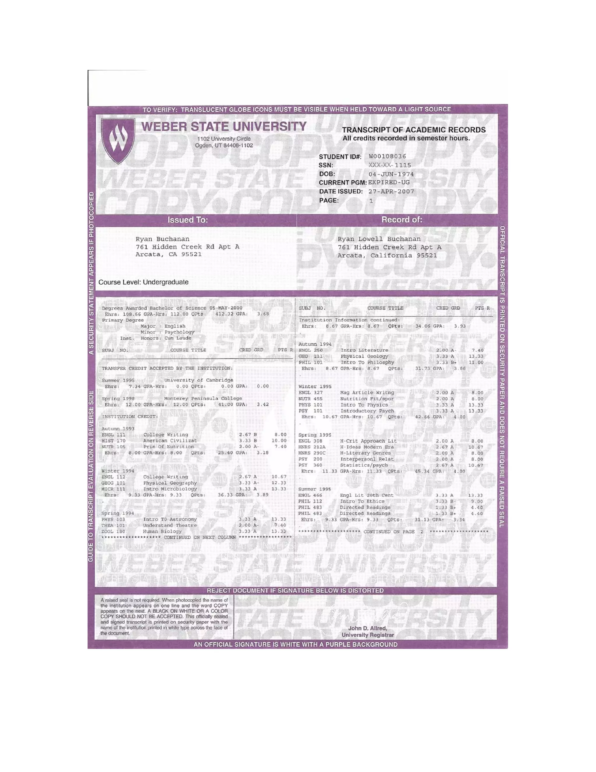 WSU BS Transcripts | PDF