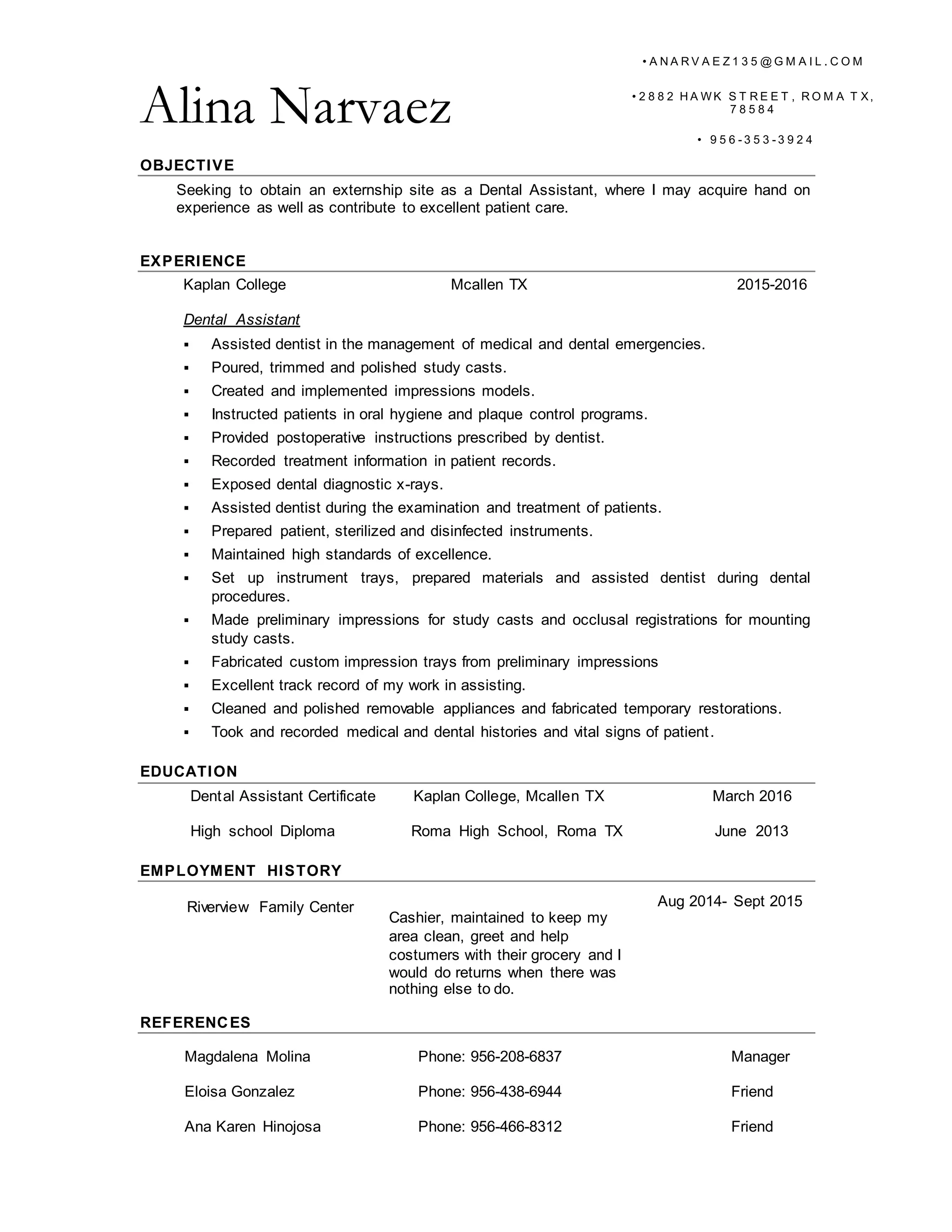 ALINA NARVAEZ RESUME | DOCX | Dental Health | Diseases and Conditions