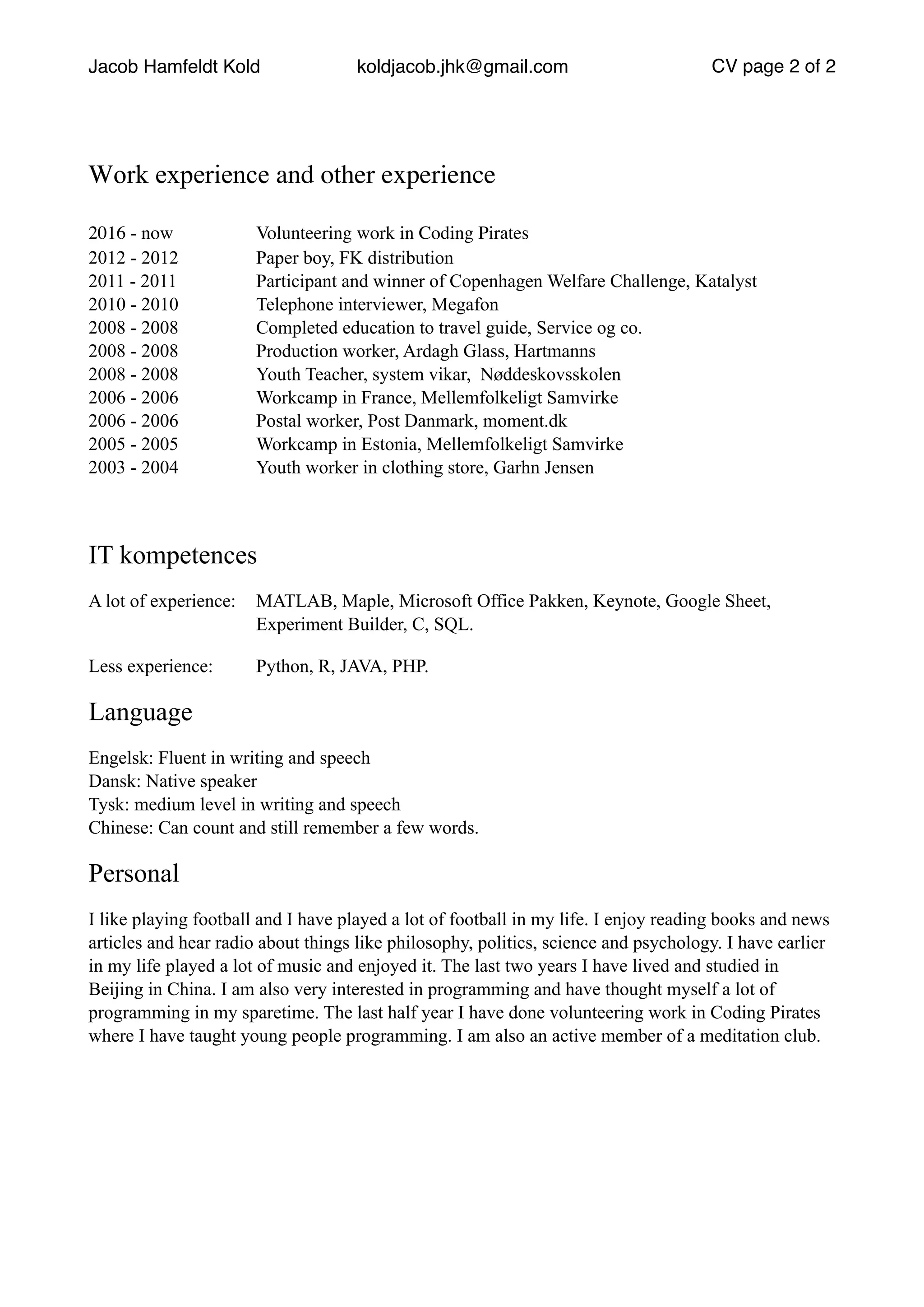 English CV Jacob Hamfeldt Kold | PDF | Programming Languages | Computing