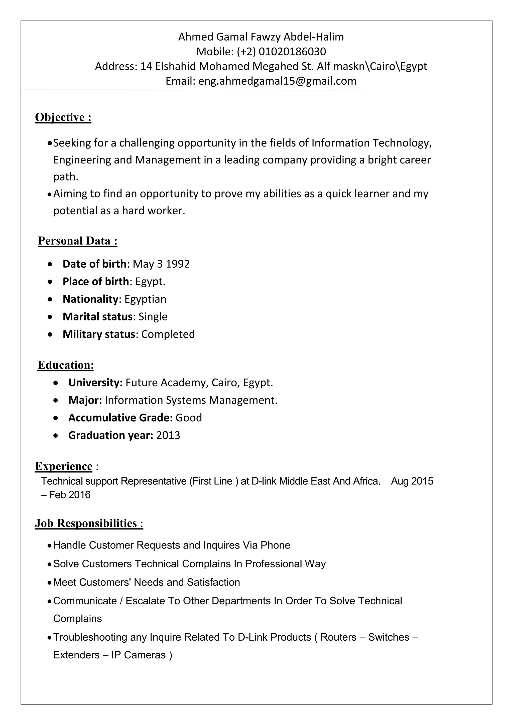 Ahmed Gamal Fawzy Resume updated after vodafone | PDF