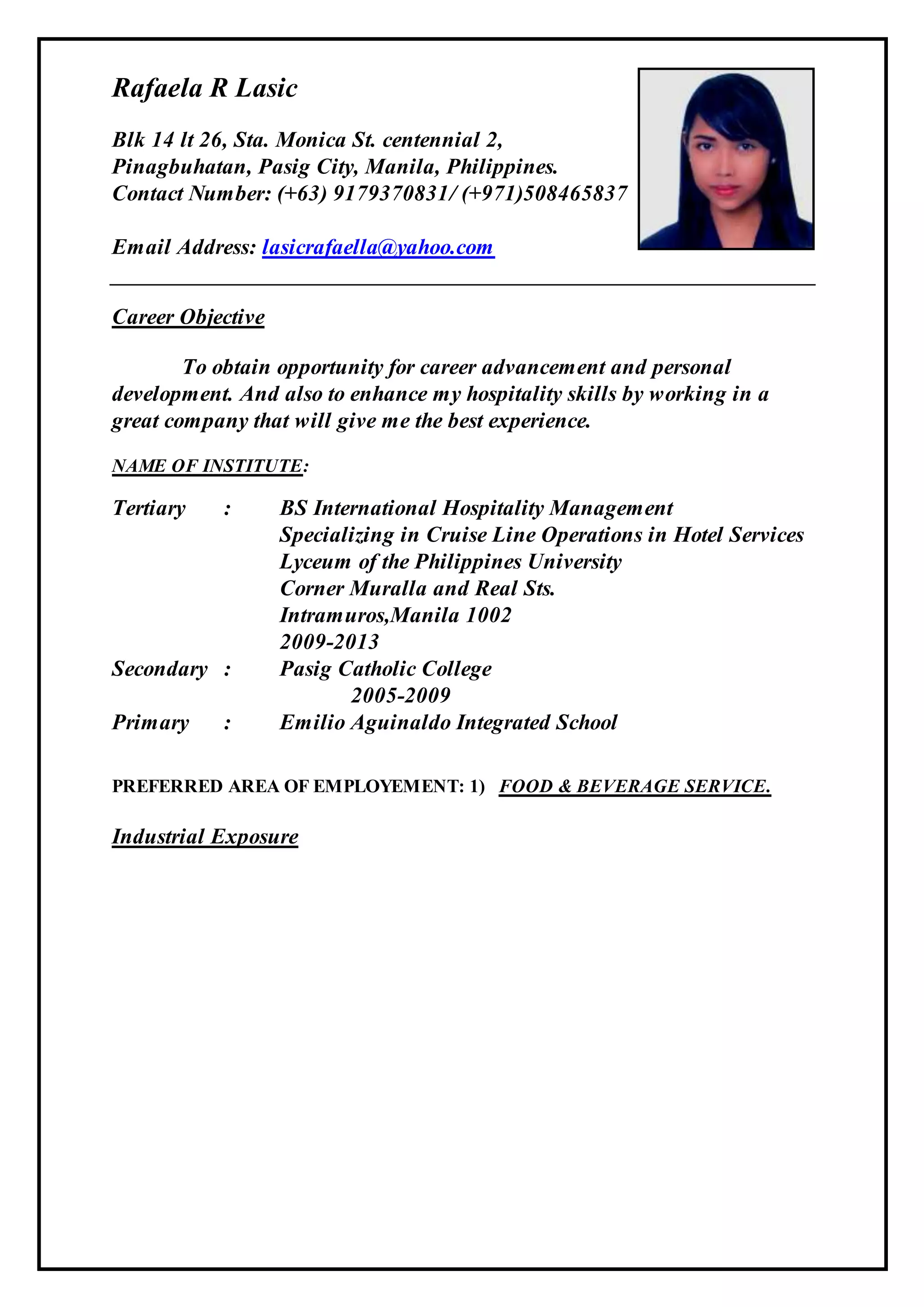 Rafaela Updated Resume (1) (1) | DOCX | Hotels and Motels | Travel Type