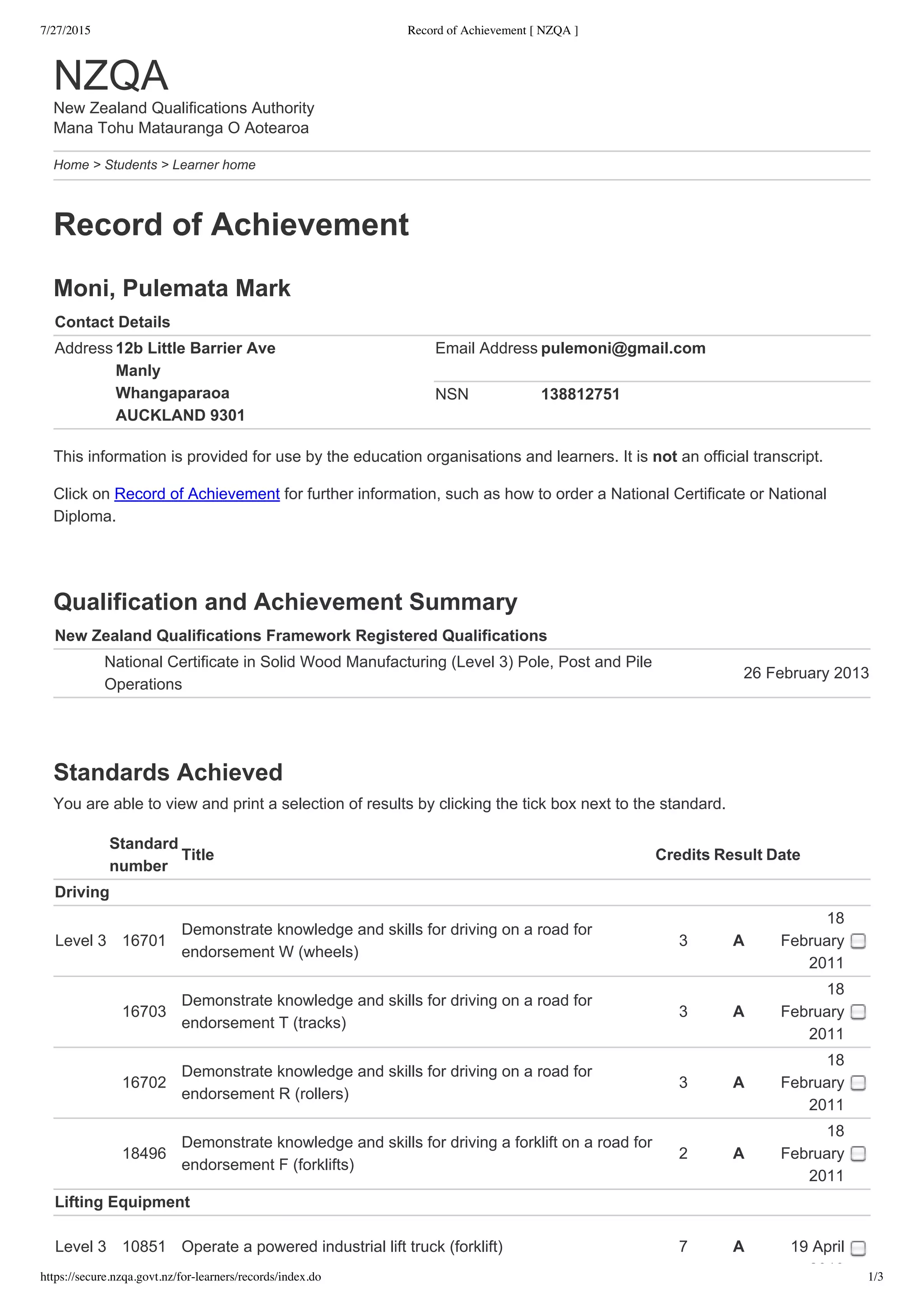 Record of Achievement [ NZQA ] | PDF