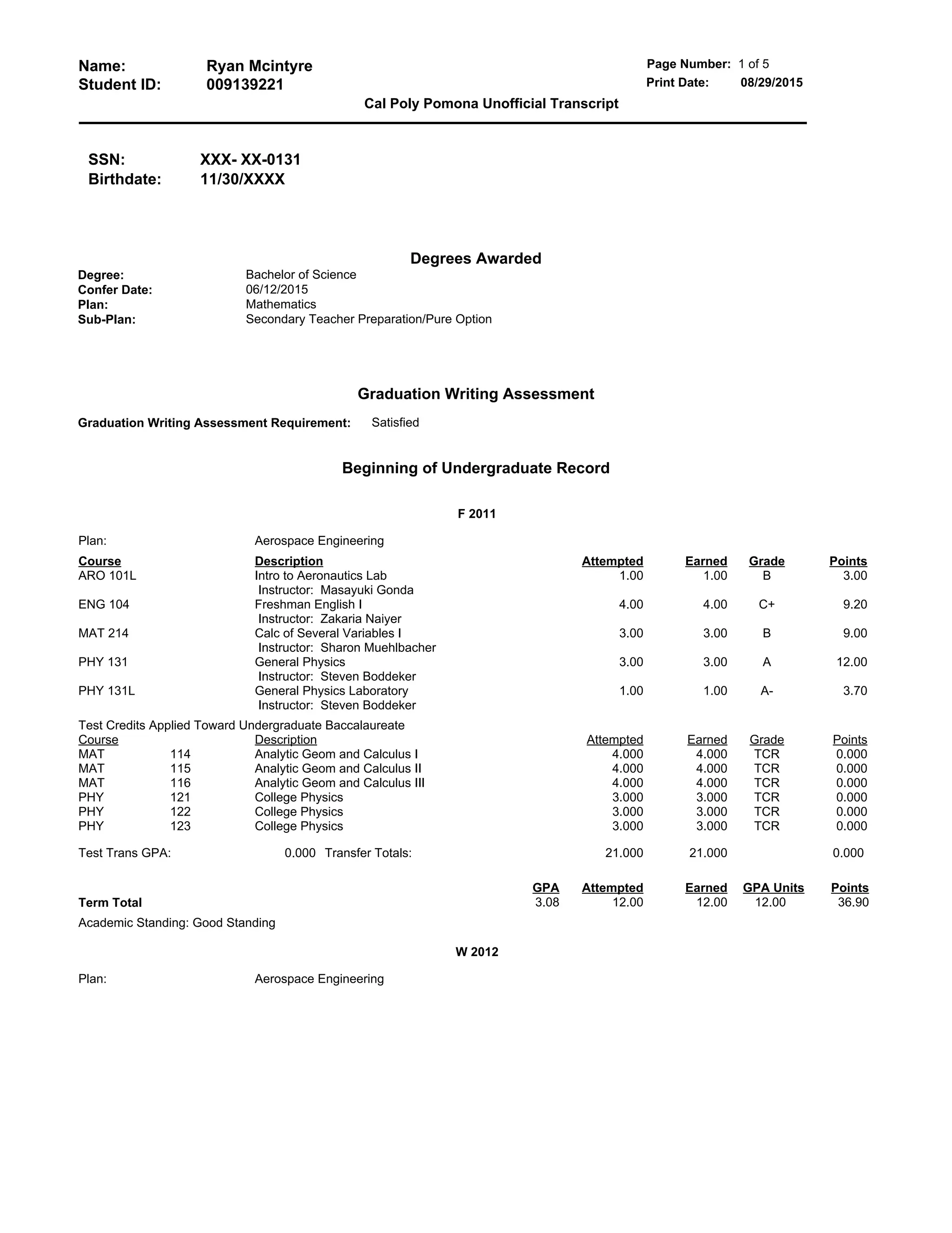unofficial transcript | PDF