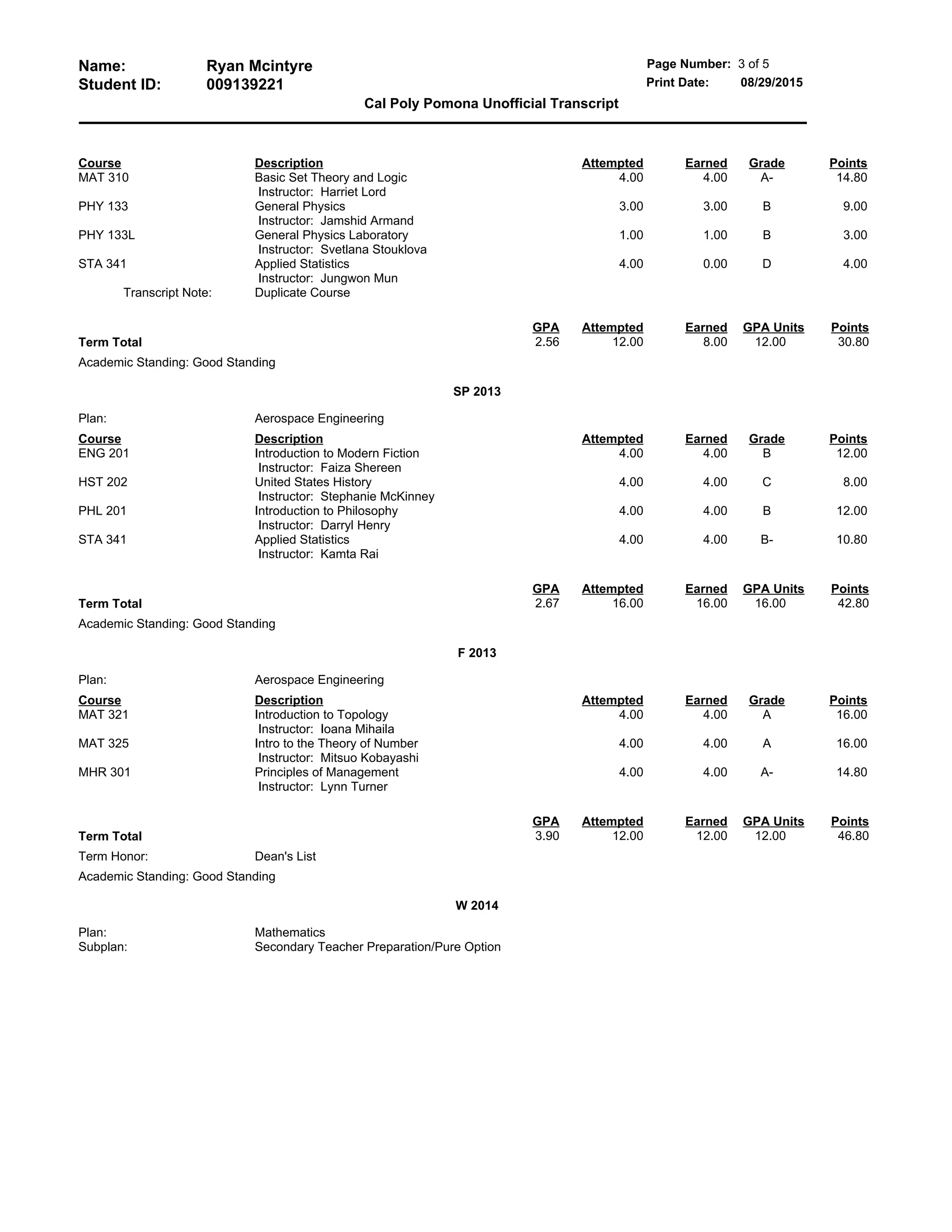 unofficial transcript | PDF