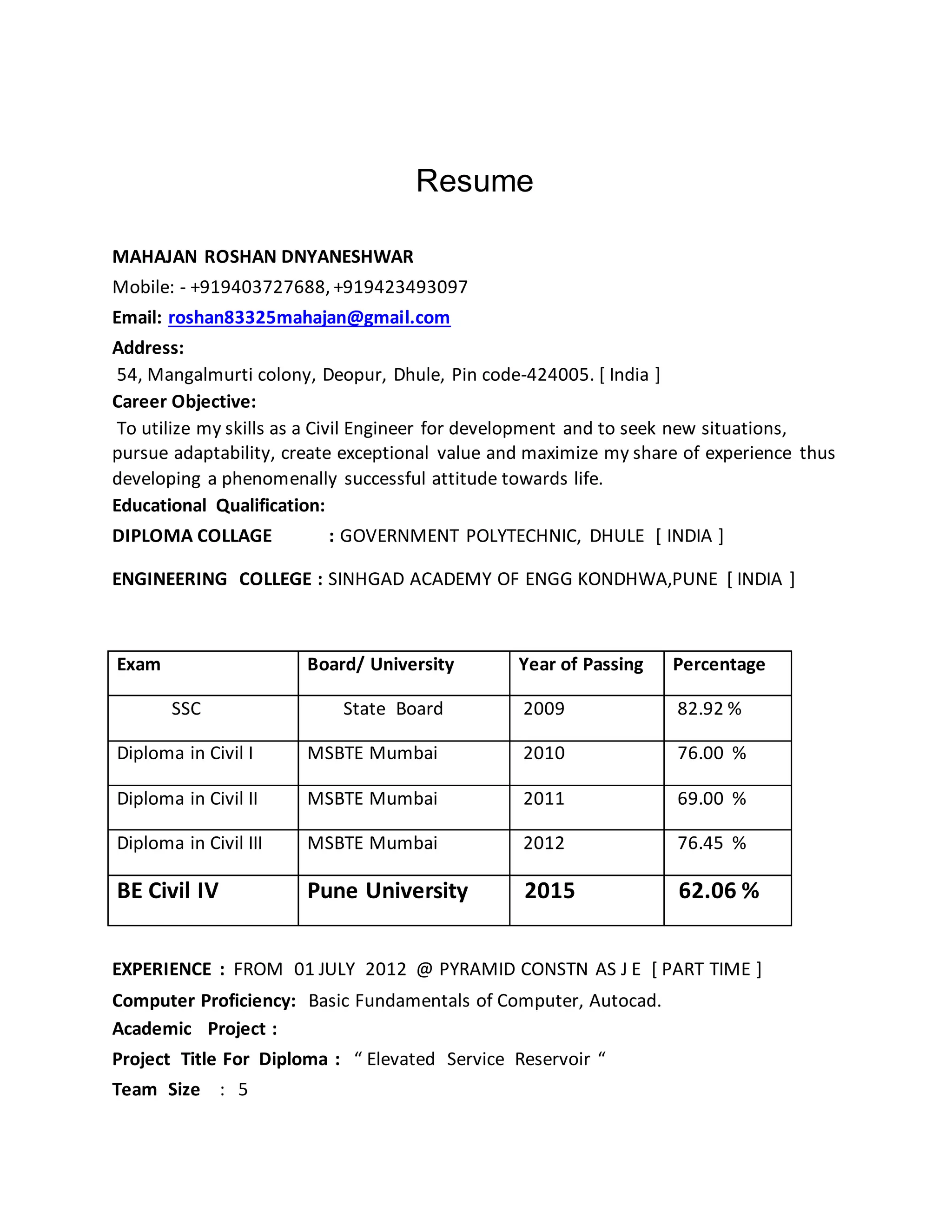 RESUME B E CIVIL FINAL | DOCX