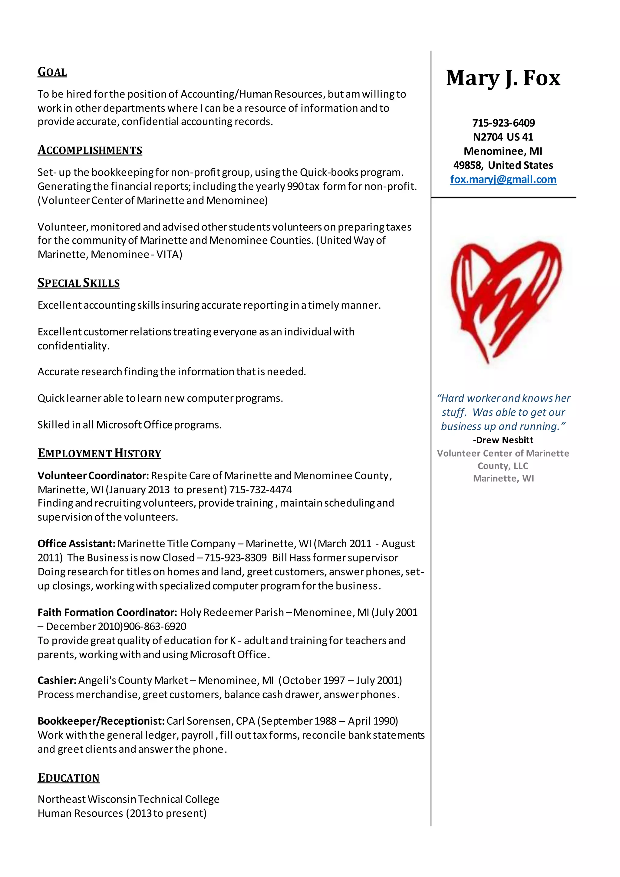 Resume Mary J Fox | DOCX