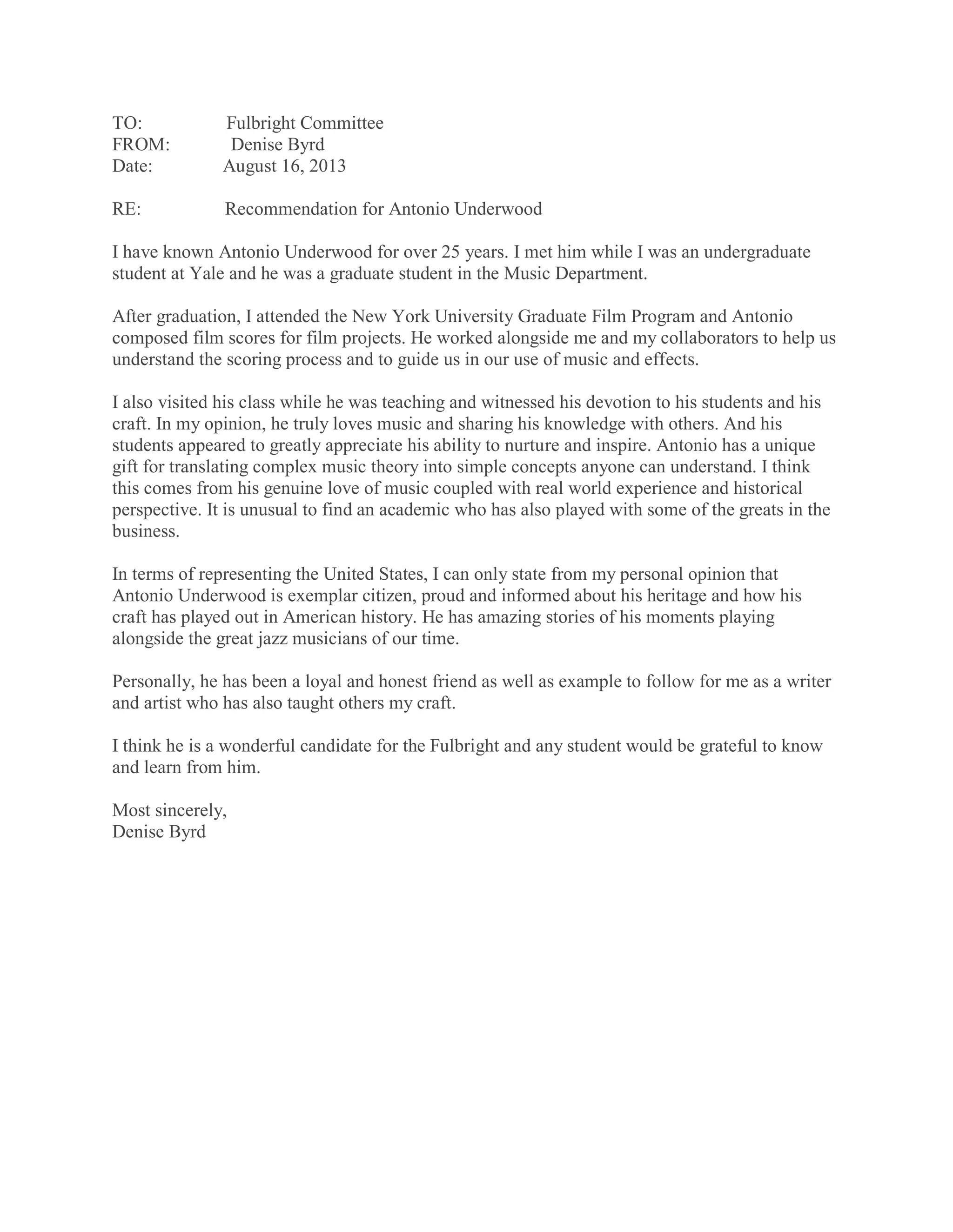 Fulbright Recommendation by Denise Byrd | PDF | Music | Entertainment