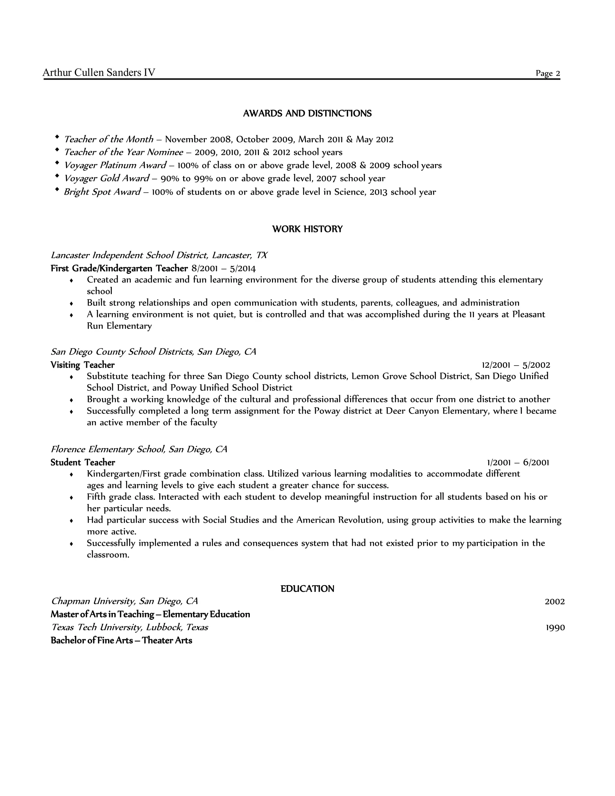 Arthur Cullen Sanders IV - Resume 2015 in WORD 1 | PDF | Professional School | Postgraduate ...