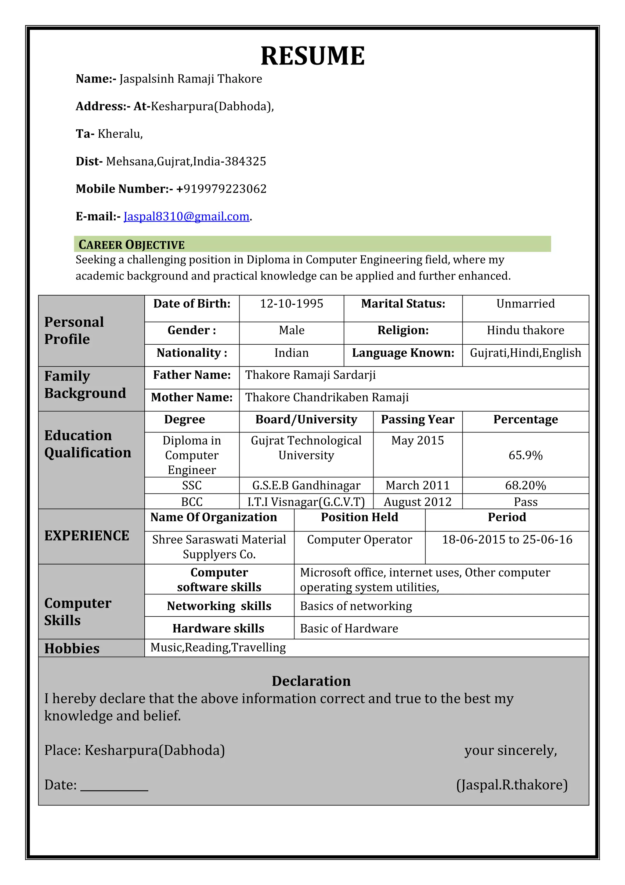 JASPALSINH RESUME | PDF