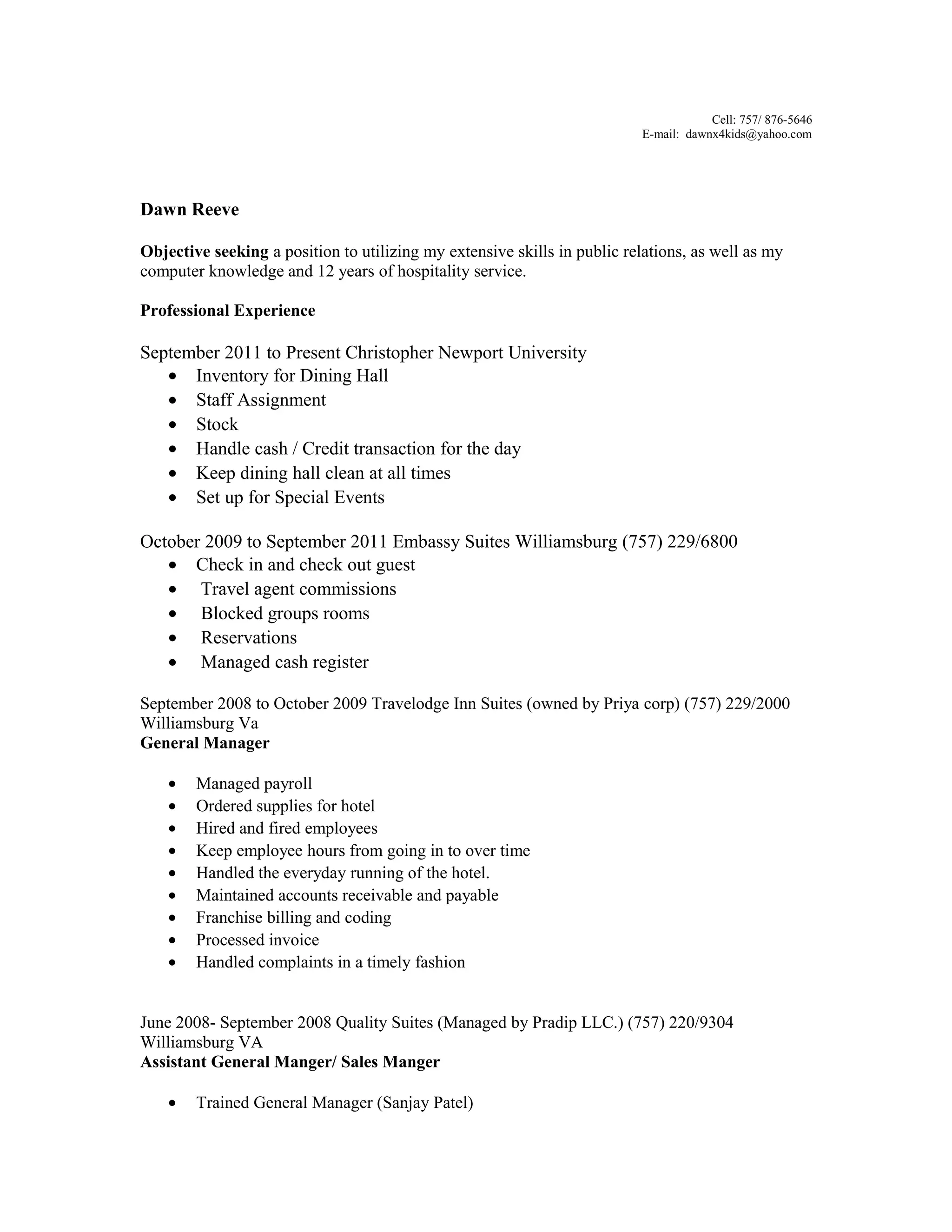 Dawn Barger Resume | DOC | Hotels and Motels | Travel Type