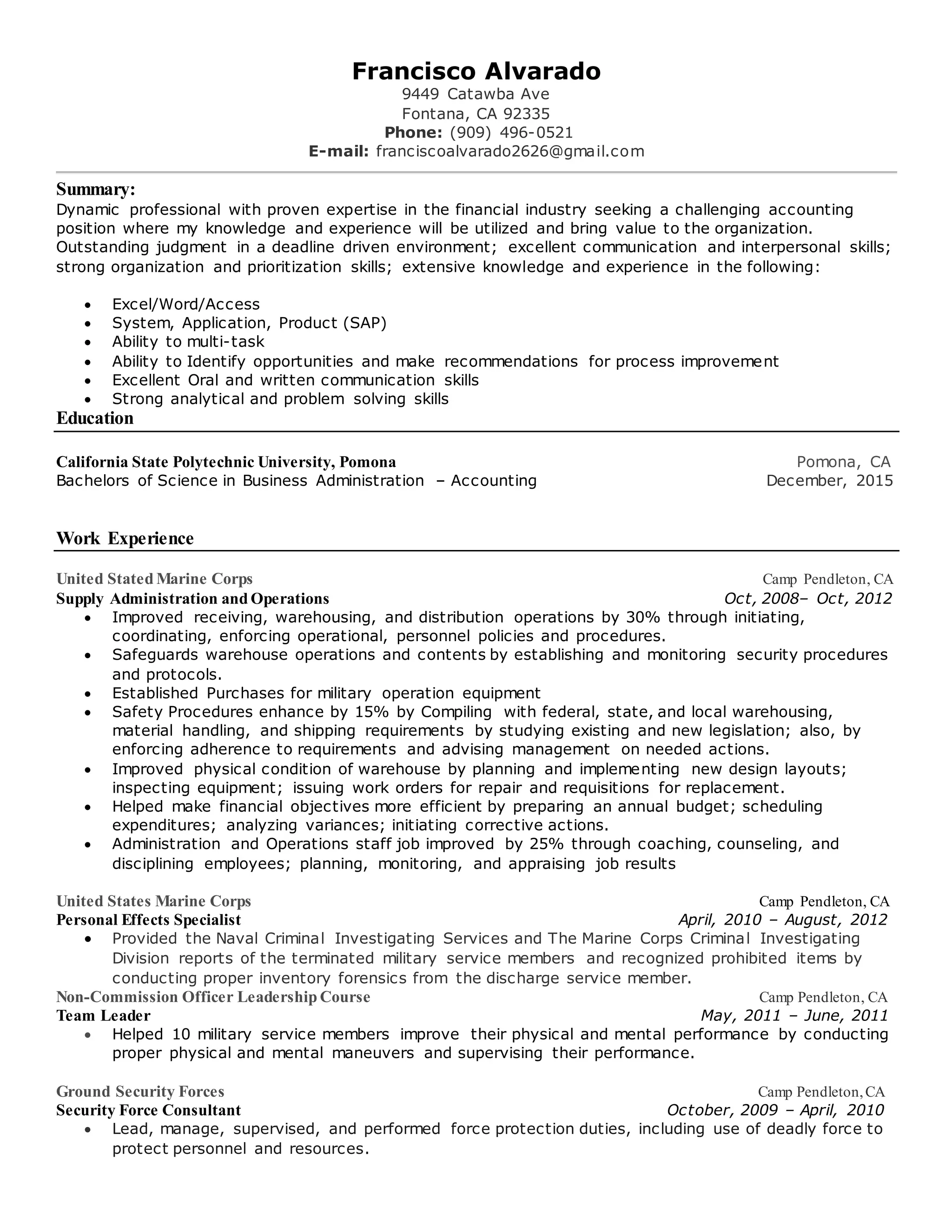 frank resume 2016 n 2 | DOCX | Logistics | Business