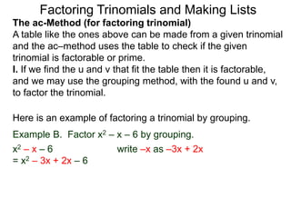 2 factoring trinomials the ac method and making lists-xc | PPTX