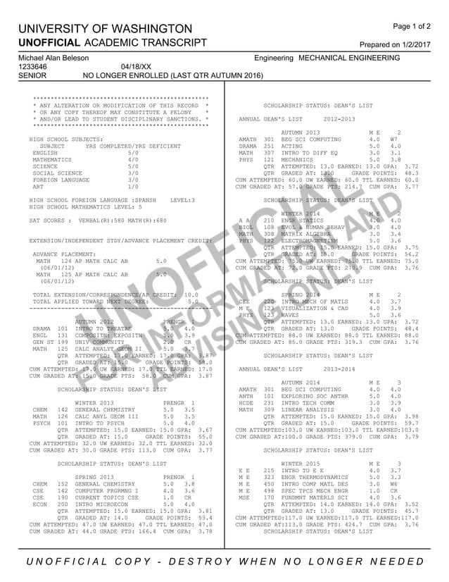 UWUnofficialTranscript | PDF