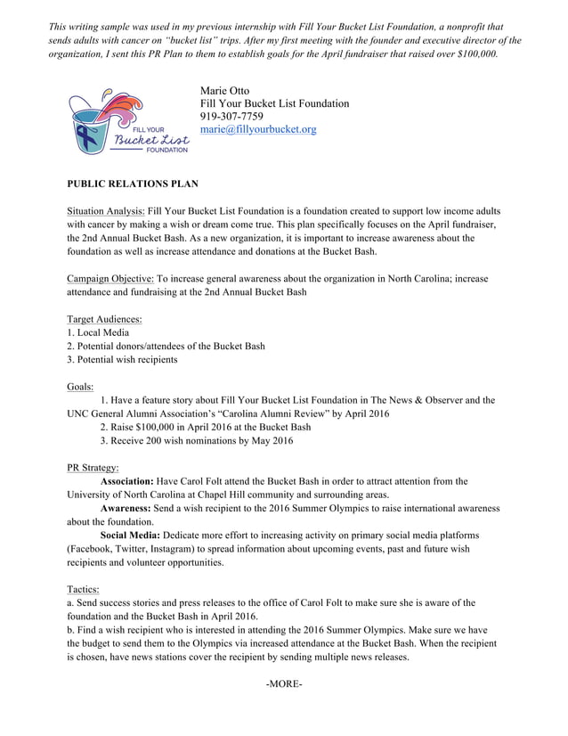 PR Plan Fill Your Bucket List Foundation Writing Sample 2 Wesley Smith ...