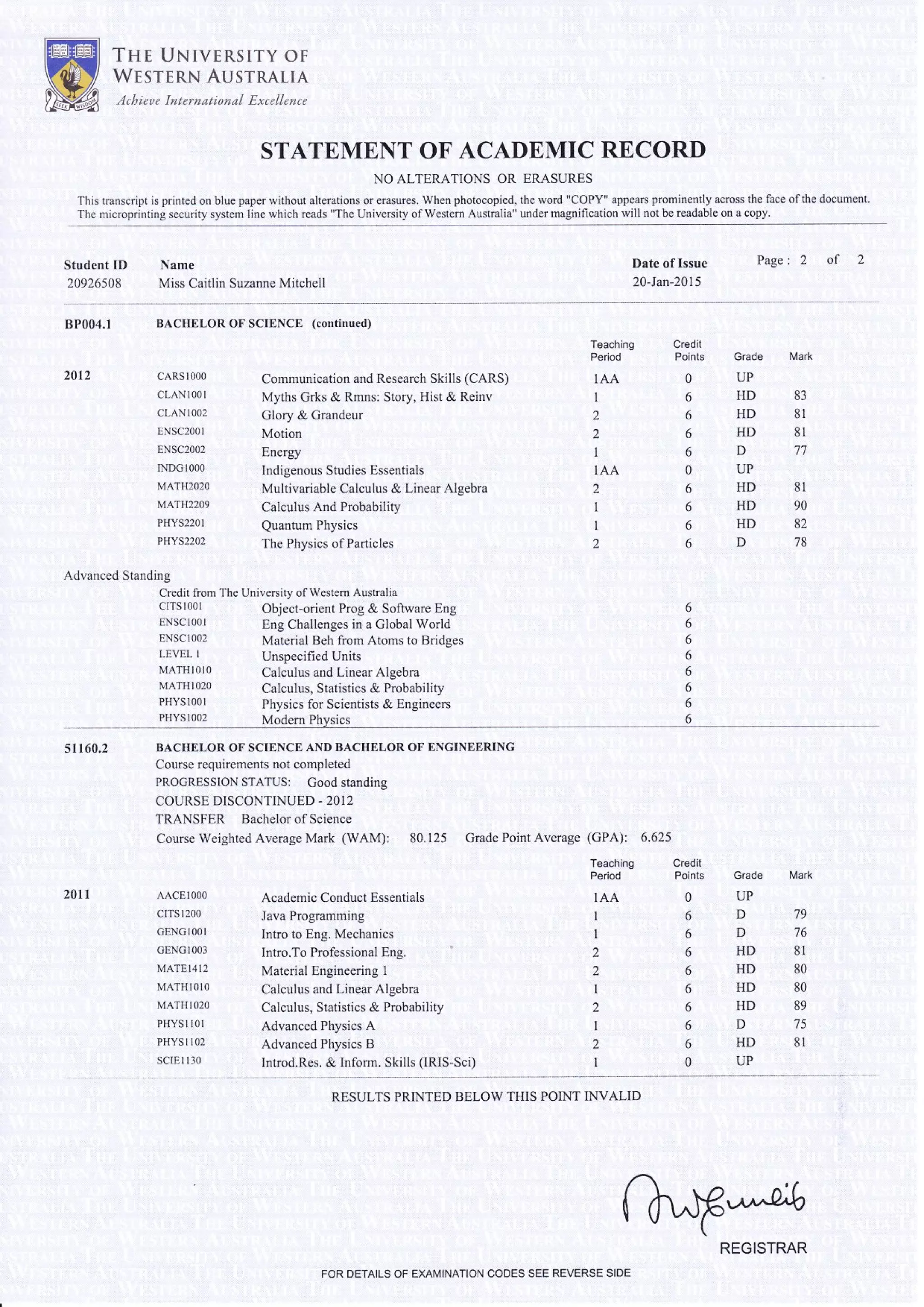 Caitlin Mitchell Academic Transcript | PDF