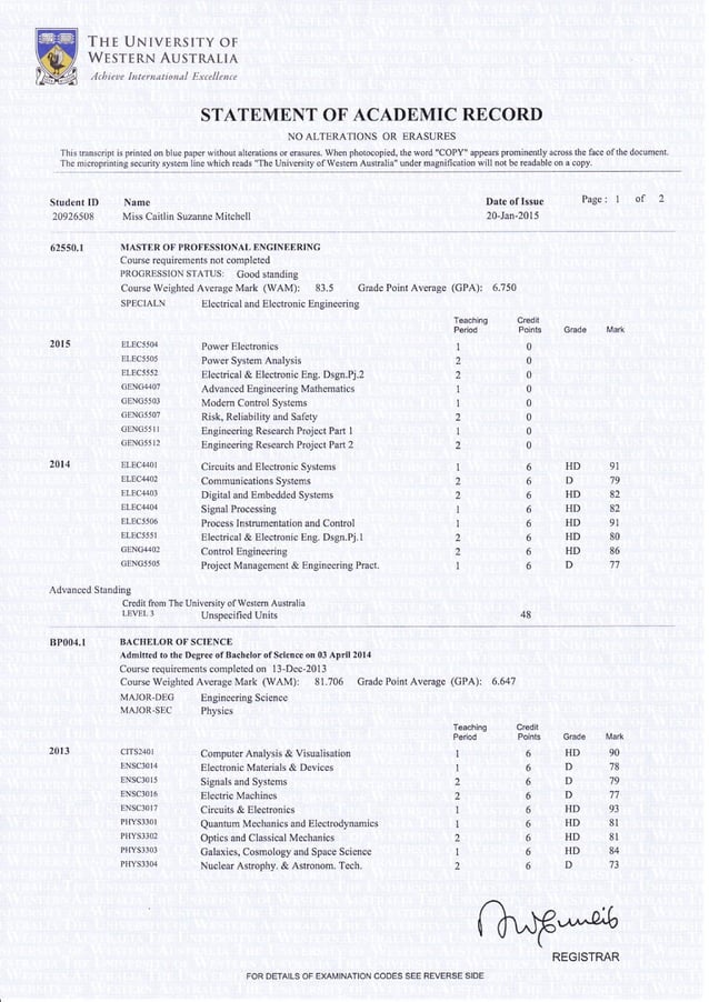 Caitlin Mitchell Academic Transcript | PDF