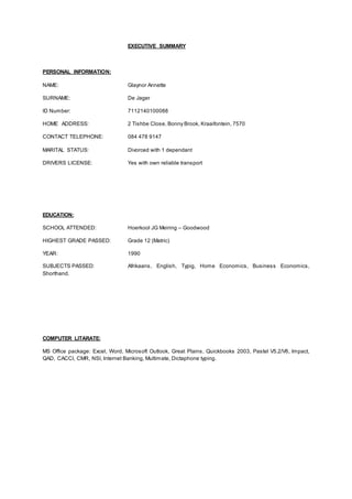 Curriculum Vitea of Glaynor Annette De Jager (2) | DOCX | Business ...