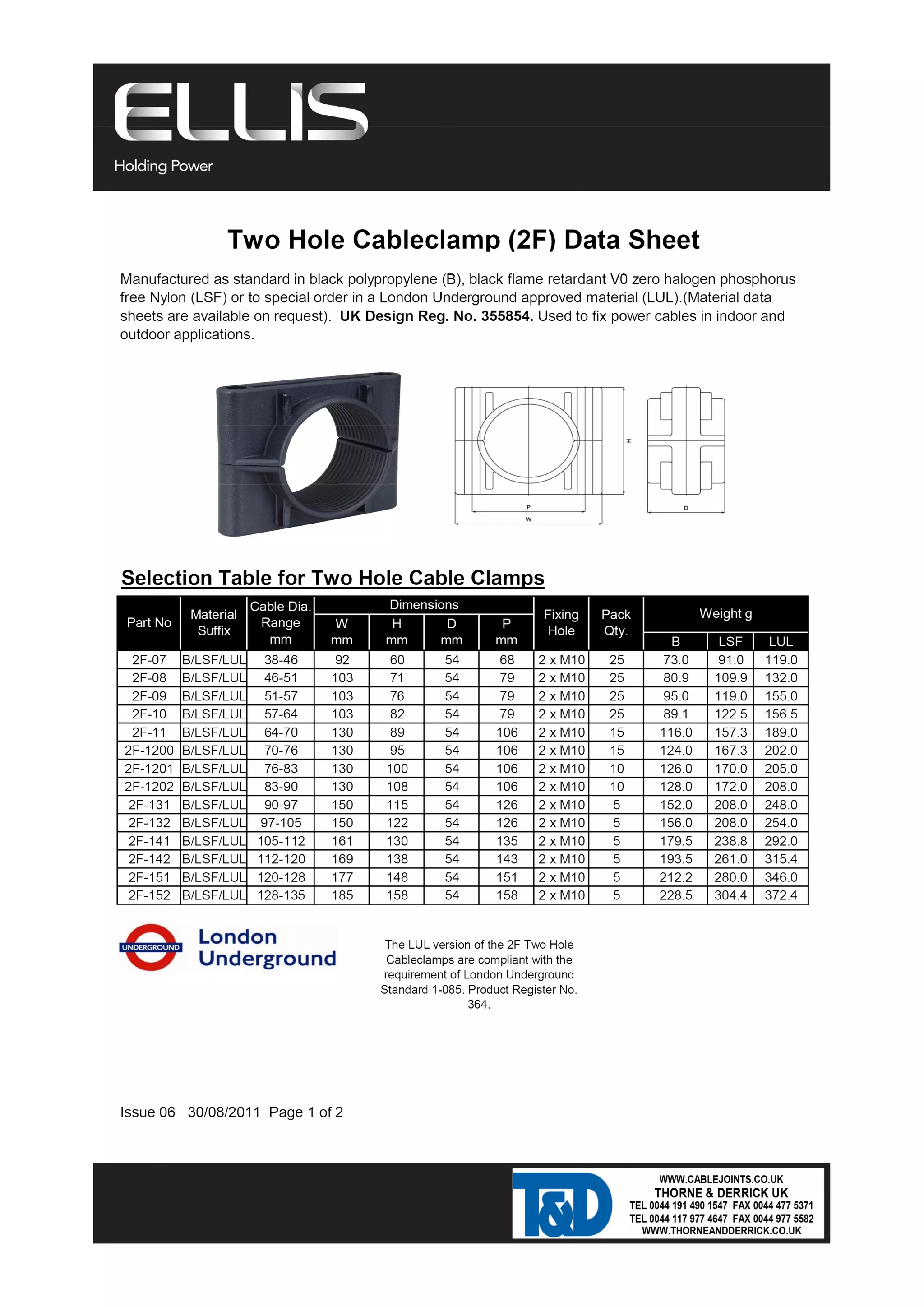 Ellis Patents 2F-10 Cable Clamp (Two Hole) 57-64mm | PDF