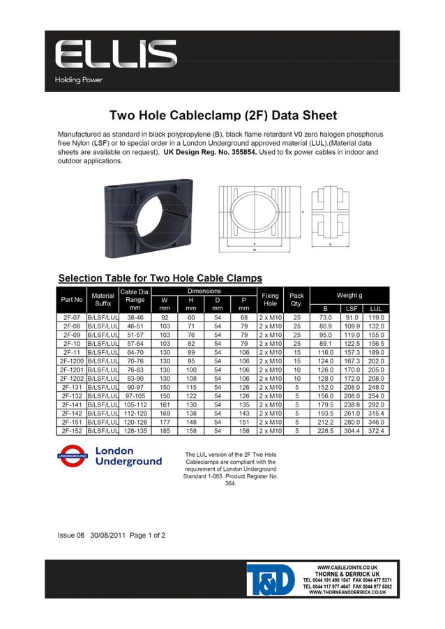 Ellis Patents 2F-10 Cable Clamp (Two Hole) 57-64mm | PDF