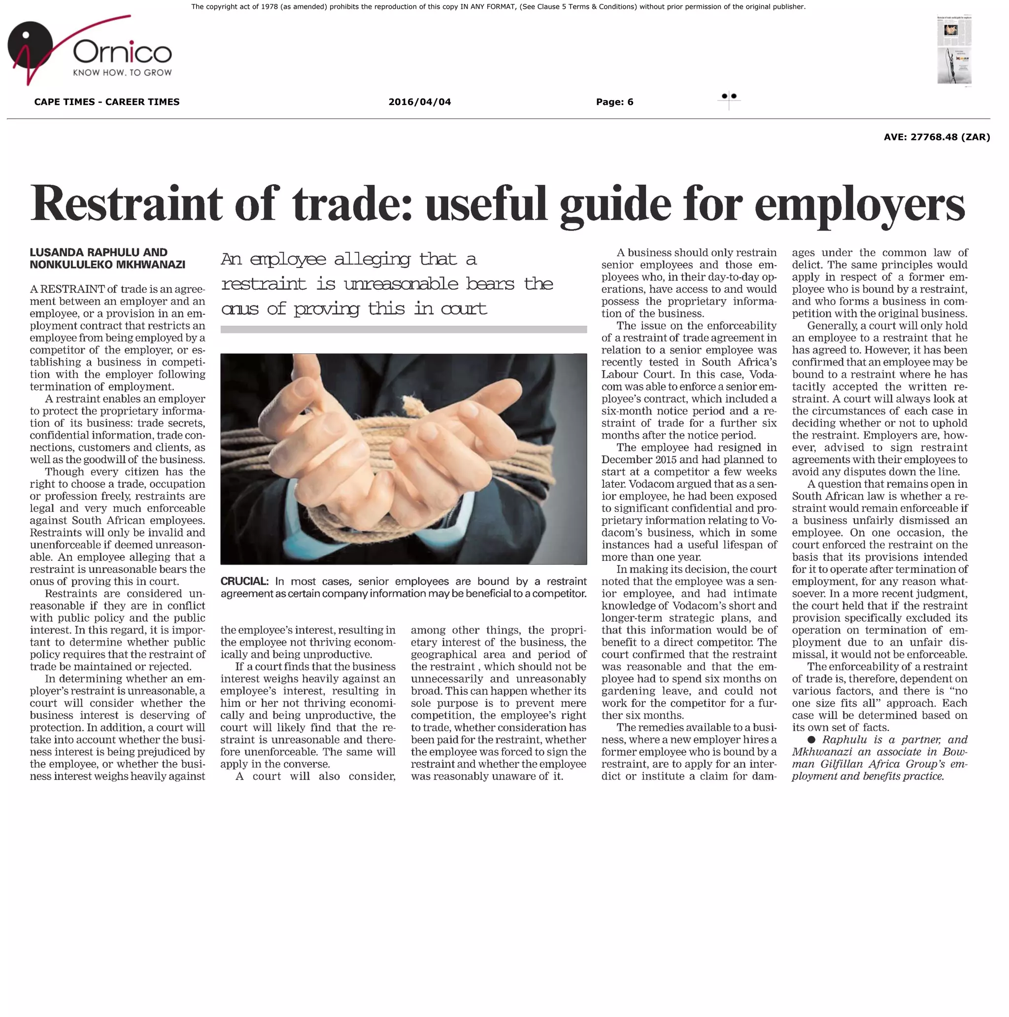 Restraints of trade_a guide for employers_L.Raphulu and N.Mkhwanazi | PDF