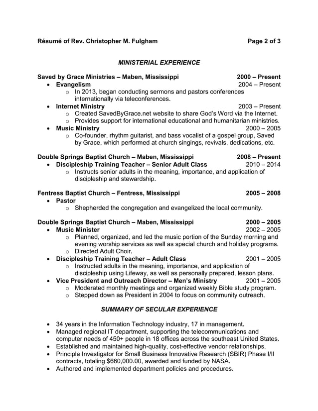 Chris Fulgham - Ministry Resume | PDF
