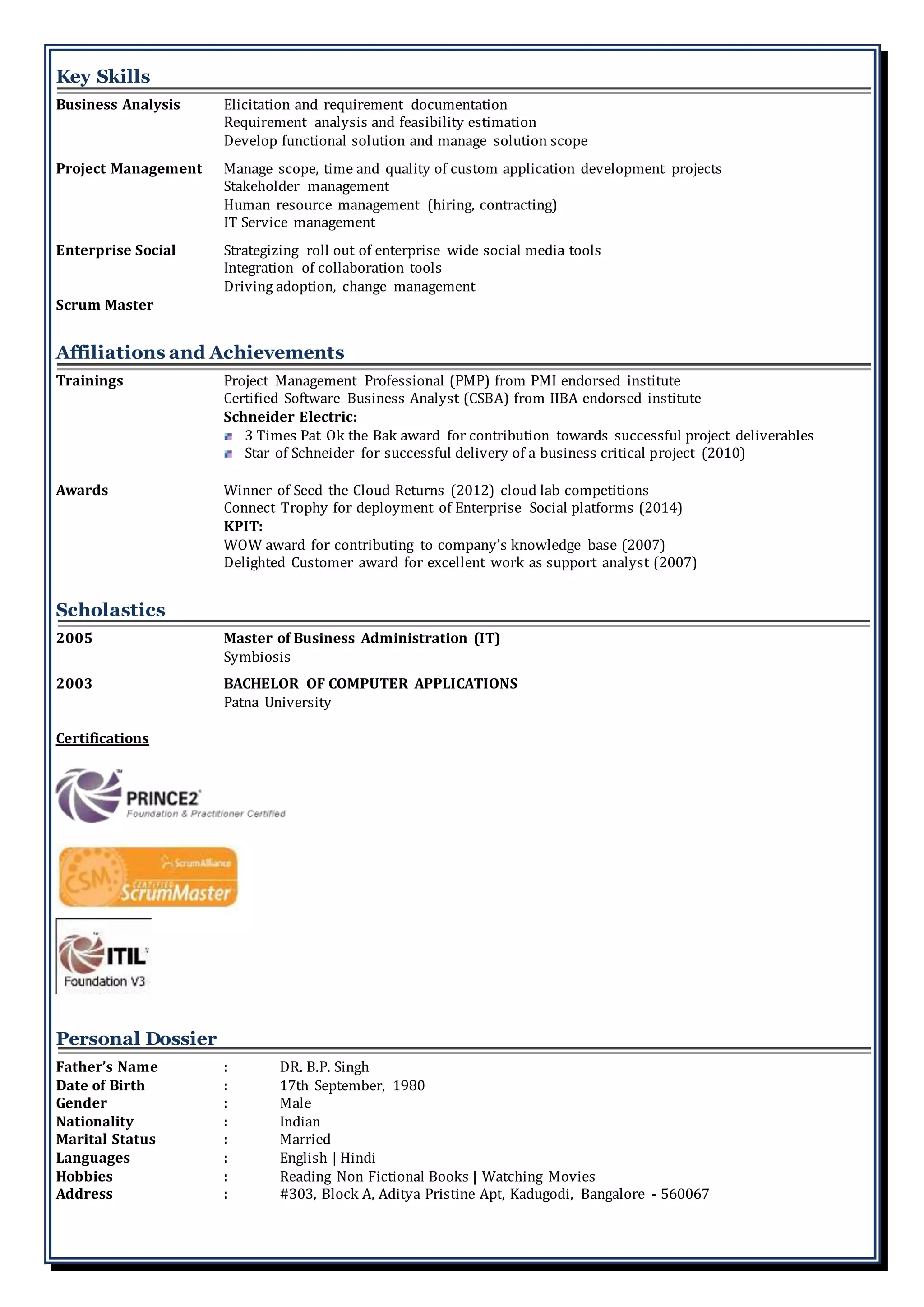 Prashant Kumar-PRINCE2,Scrum Master | DOCX | Computer Software and Applications | Computing