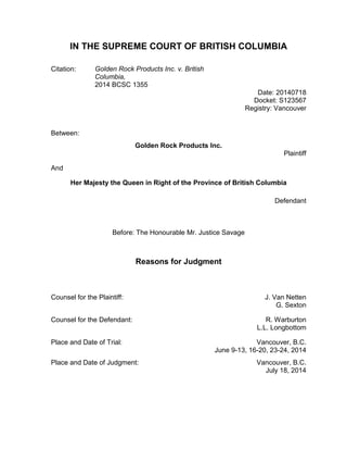 Golden Rock Products Inc. v. British Columbia 2014 BCSC 1355, 2014 BCSC ...