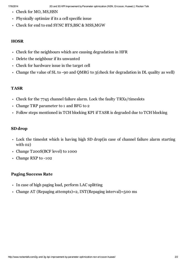 2 g and 3g kpi improvement by parameter optimization (nsn, ericsson, huawei) reckon talk | PDF ...
