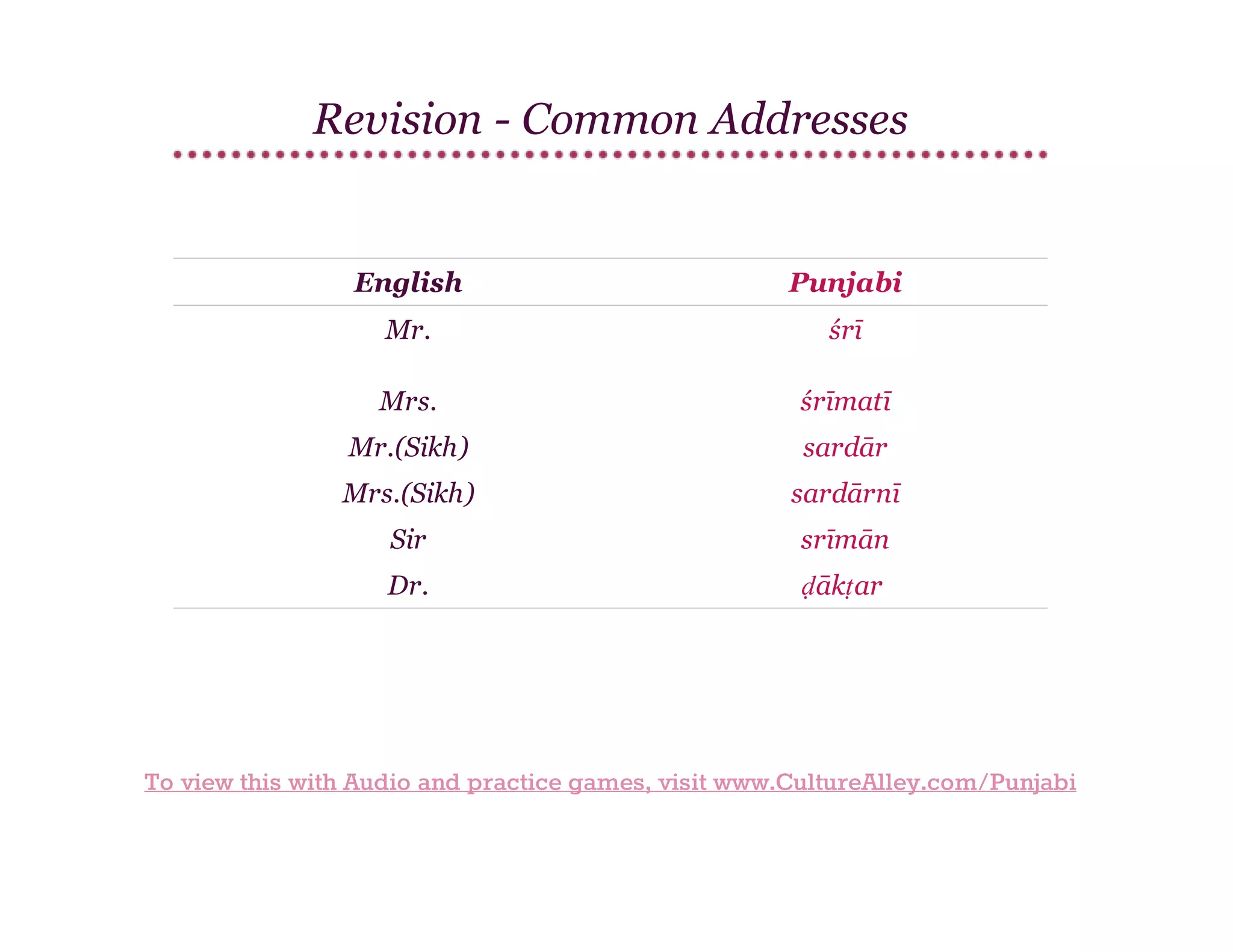 Basic Punjabi | Lesson 2 | Common useful phrases & Grammar | PDF