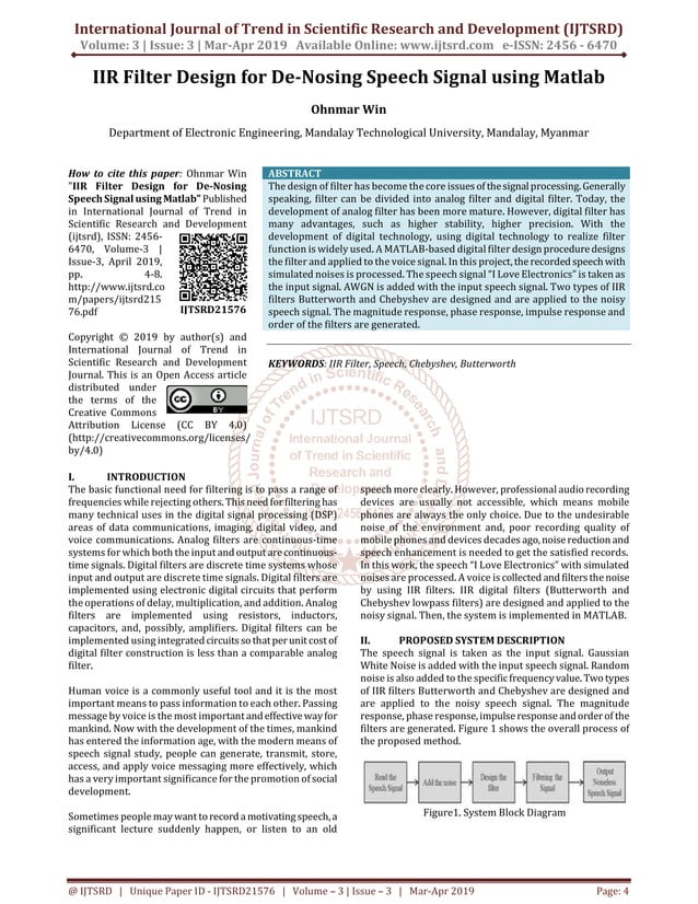 IIR Filter Design for De Nosing Speech Signal using Matlab | PDF