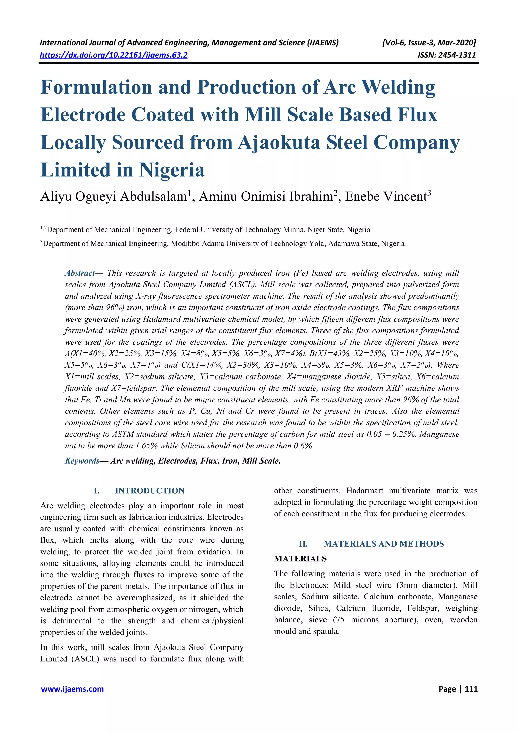 Formulation and Production of Arc Welding Electrode Coated with Mill Scale Based Flux Locally ...