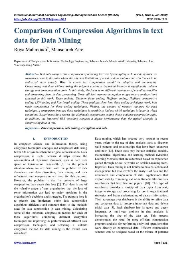 Comparison Of Compression Algorithms In Text Data For Data Mining Pdf