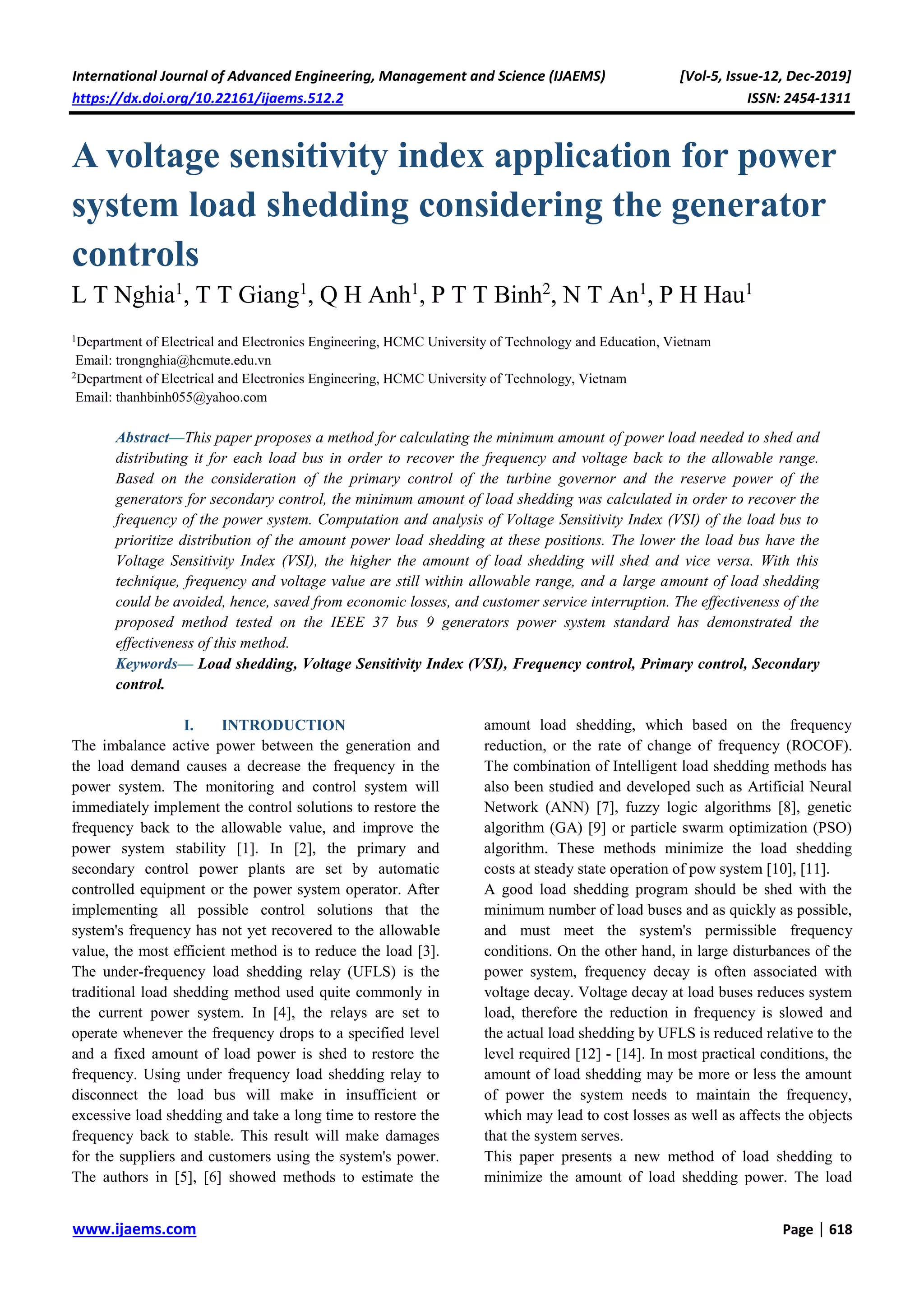 A voltage sensitivity index application for power system load shedding considering the generator ...