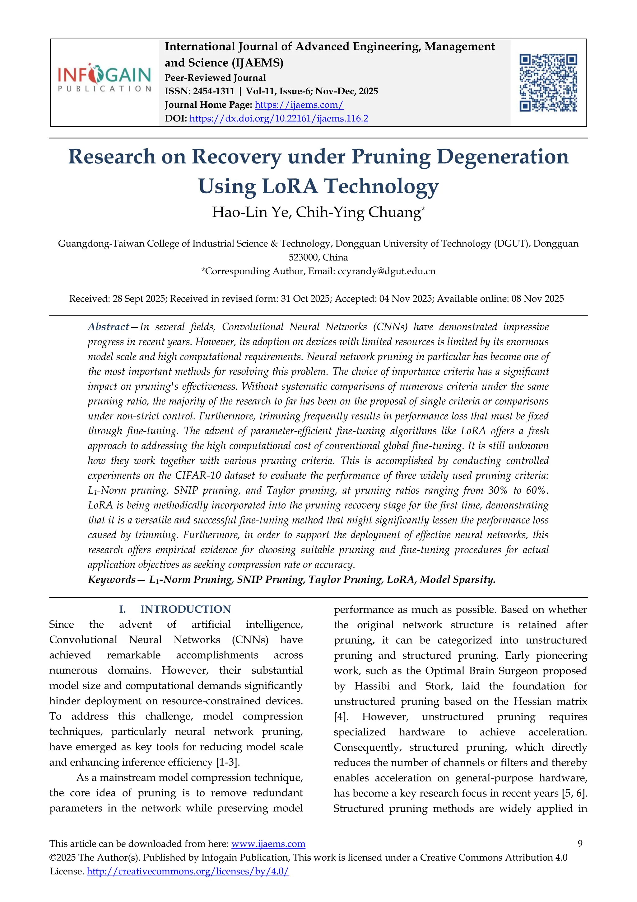 Research on Recovery under Pruning Degeneration Using LoRA Technology | PDF