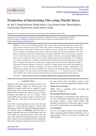 Production of Interlocking Tiles using Marble Slurry | PDF